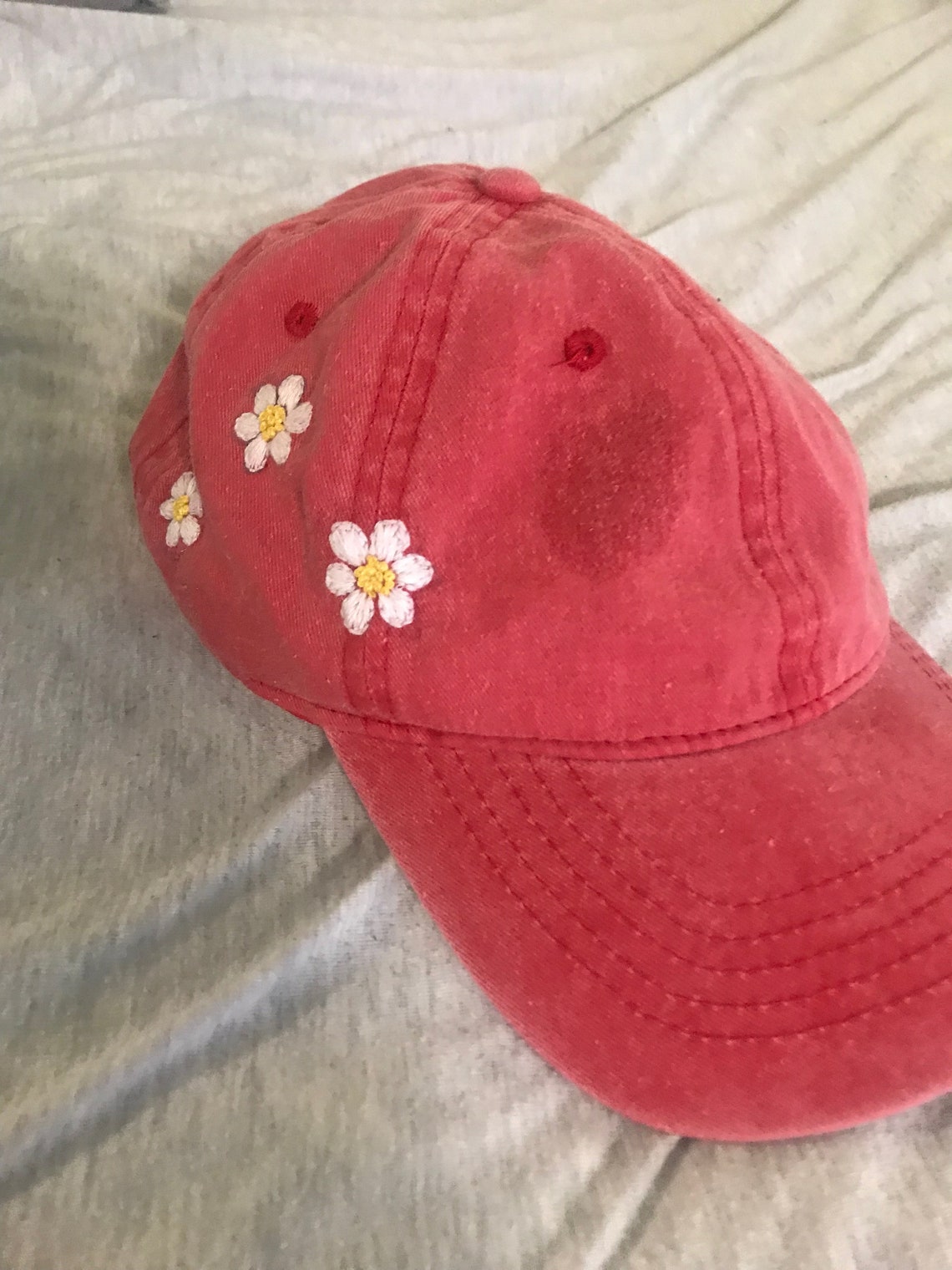 Red Baseball Cap With White Embroidered Flowers - Etsy