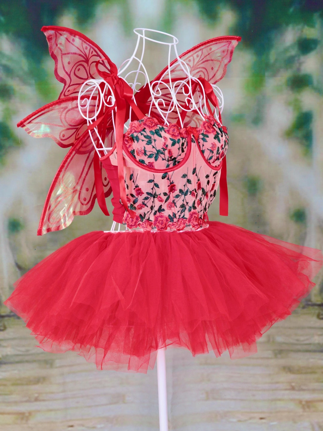 Floral Red Corset, Red Fairy Wings and Red Tutu Skirt. Hen Party, Fairy ...