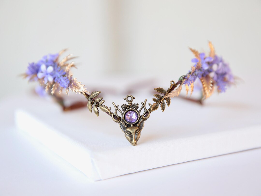Elven Purple Tiara With Deer Head Feature. Fairy Crown for Weddings ...