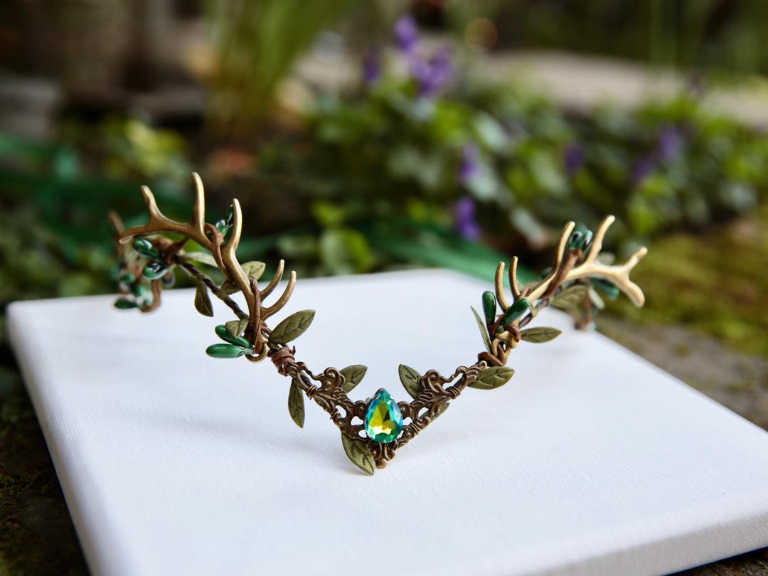 Deer Antler Crown, Green Crystal Hairband, Forest Theme, Elven Circlet ...