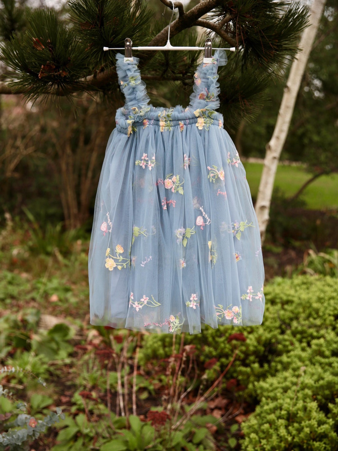 Petrol Blue Girls Embroidered Dress. Tulle Dress, Embroidered With ...