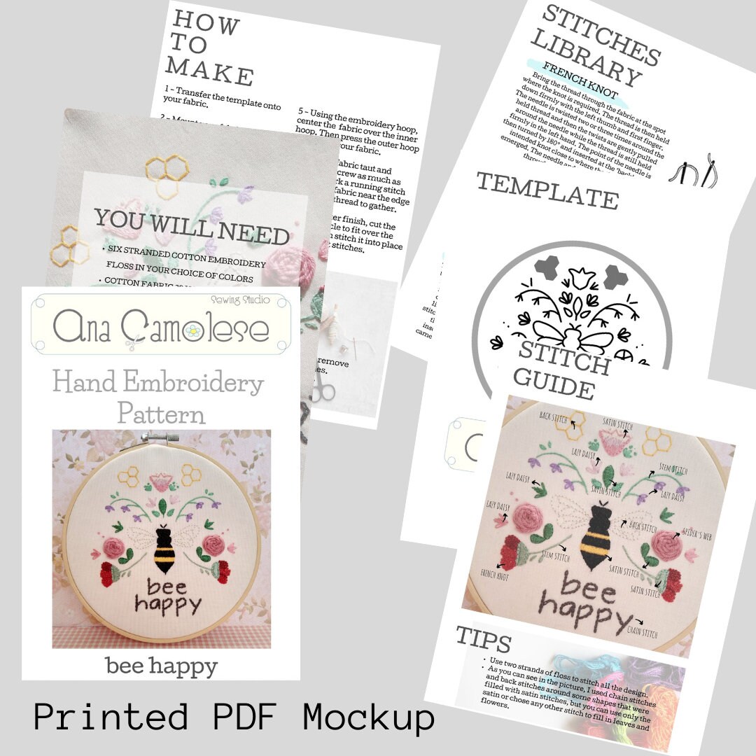 Bee Happy Digital Pattern for Hand Embroidery Printable Download DIY ...