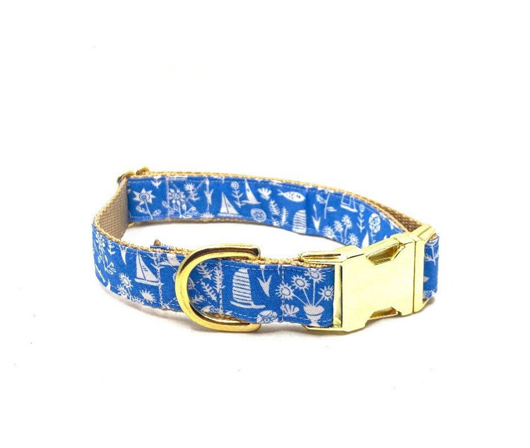 Sea Life in Blue Dog Collar, Summer Dog Collar, Preppy Collar, Metal ...