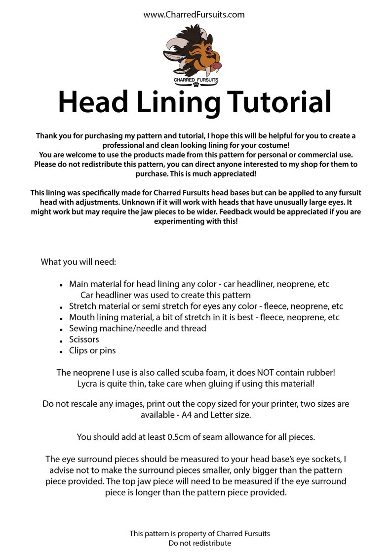 Fursuit Head Lining Pattern Tutorial Balaclava Digital Download PDF ...