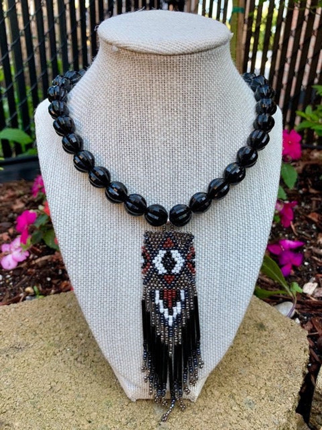Large Shiny Antique Jet Beads Support a Hand-woven South-west Style ...