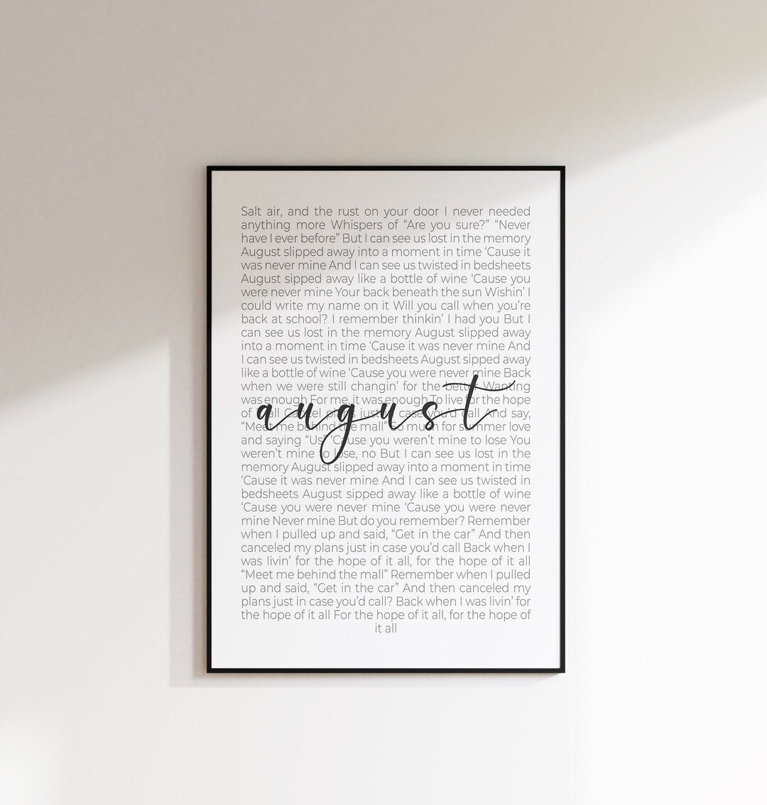 August Song Lyrics Digital Download Song Lyrics Print Music Print Wall ...