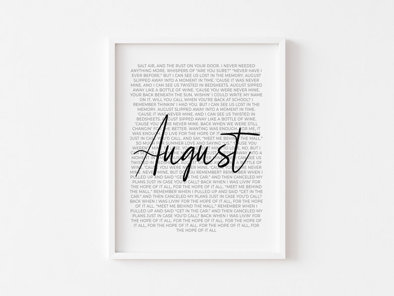 August Song Lyrics Digital Download Song Lyrics Print - Etsy