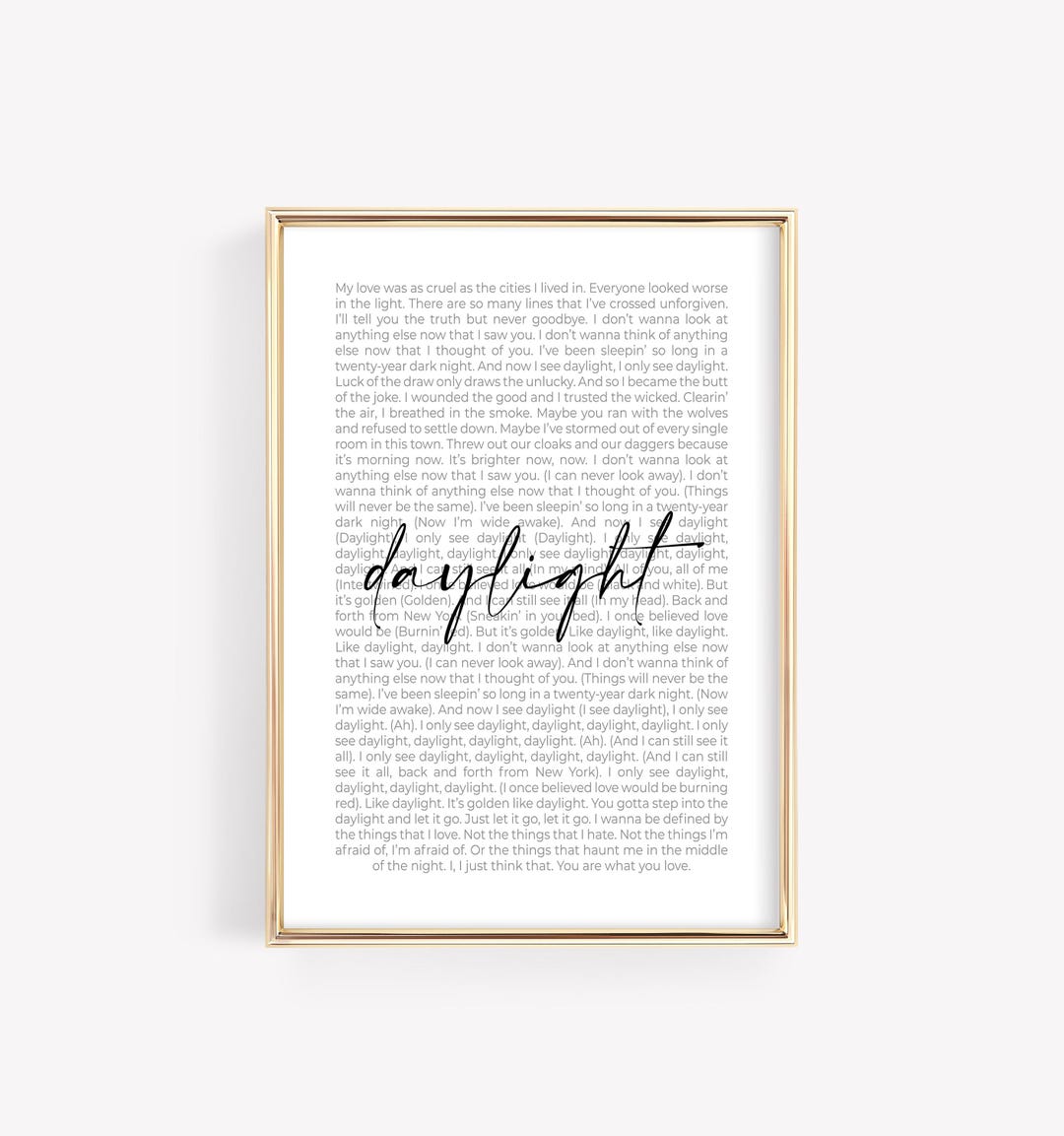 Daylight Song Print | Digital Download | Song Lyrics Print | Lover ...