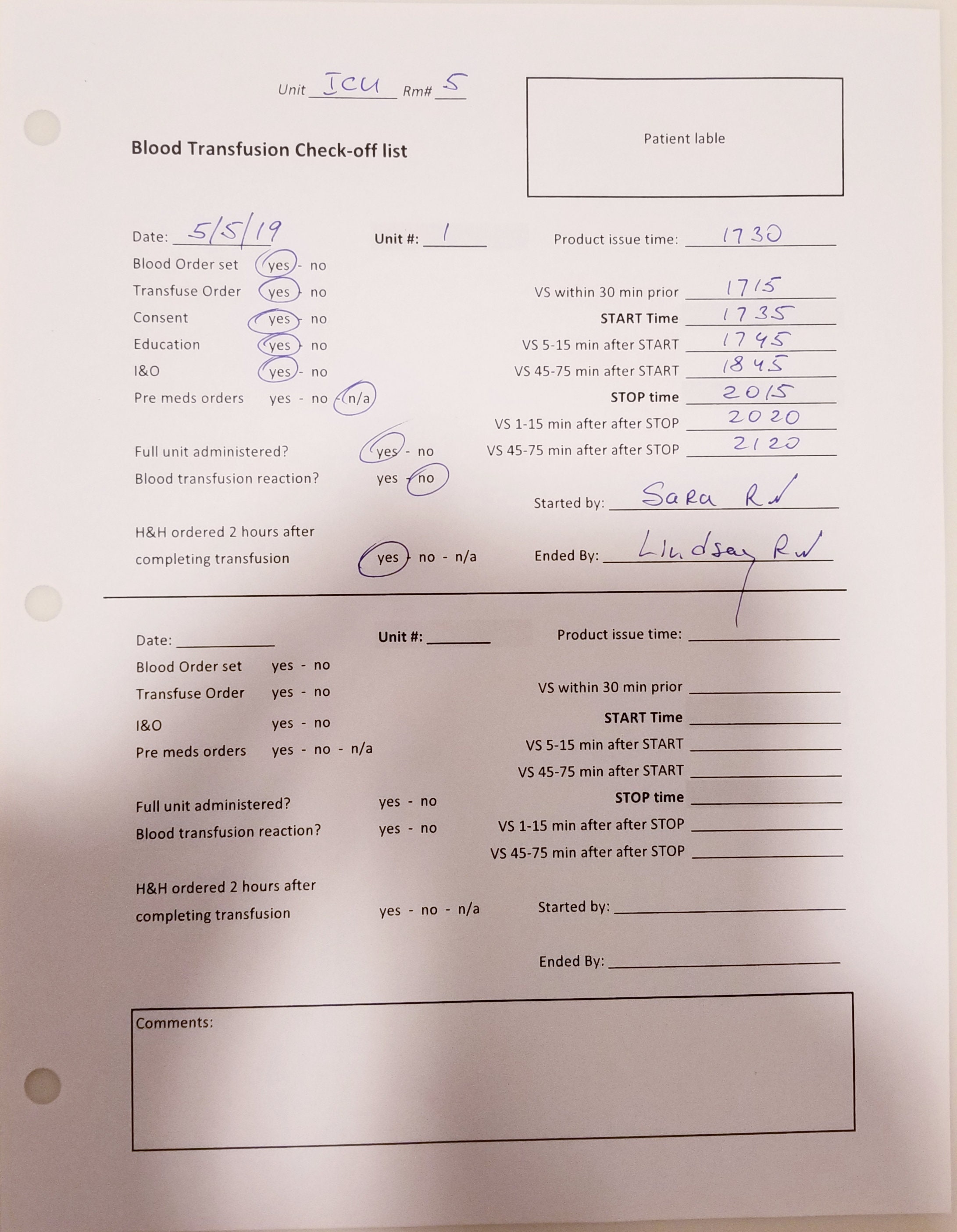 Blood Transfusion Check-off List - Etsy