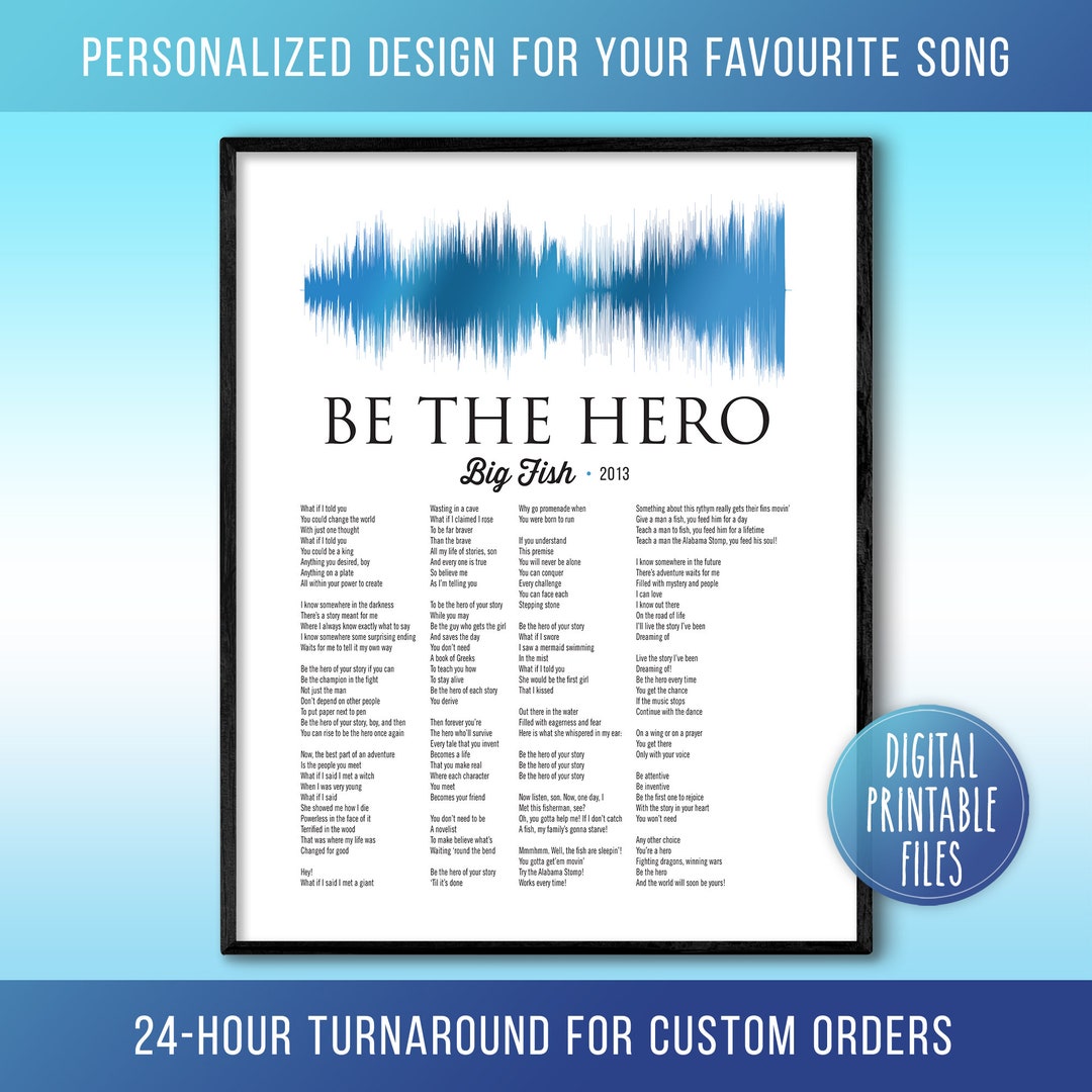 Be the Hero, Custom Sound Wave and Lyrics Art, Printable Digital Files ...