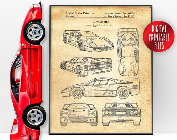 Vintage Ferrari Sport Car Patent drawing art Digital | Etsy