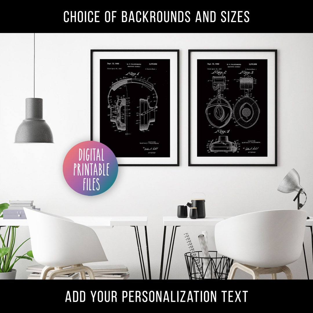 Headphones Vintage Patent Drawing Tech Art, Set of 2 Digital Printable ...