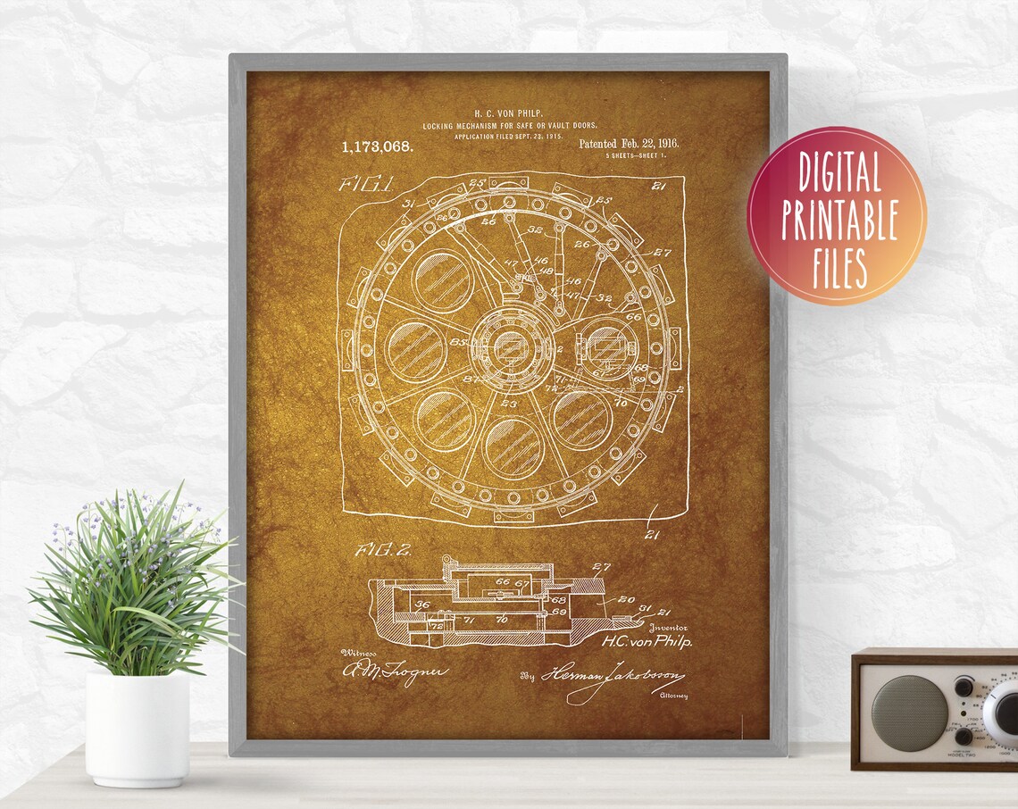 DIGITAL Vintage Bank Safe Vault Lock Patent Drawing Art - Etsy