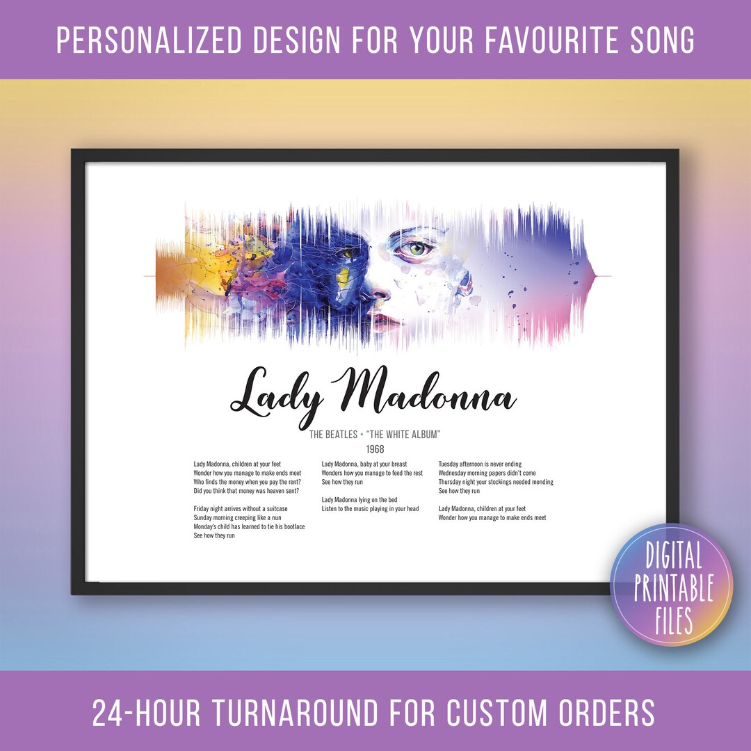 Lady Madonna, Custom Sound Wave Lyrics Art, Printable Digital, Instant ...