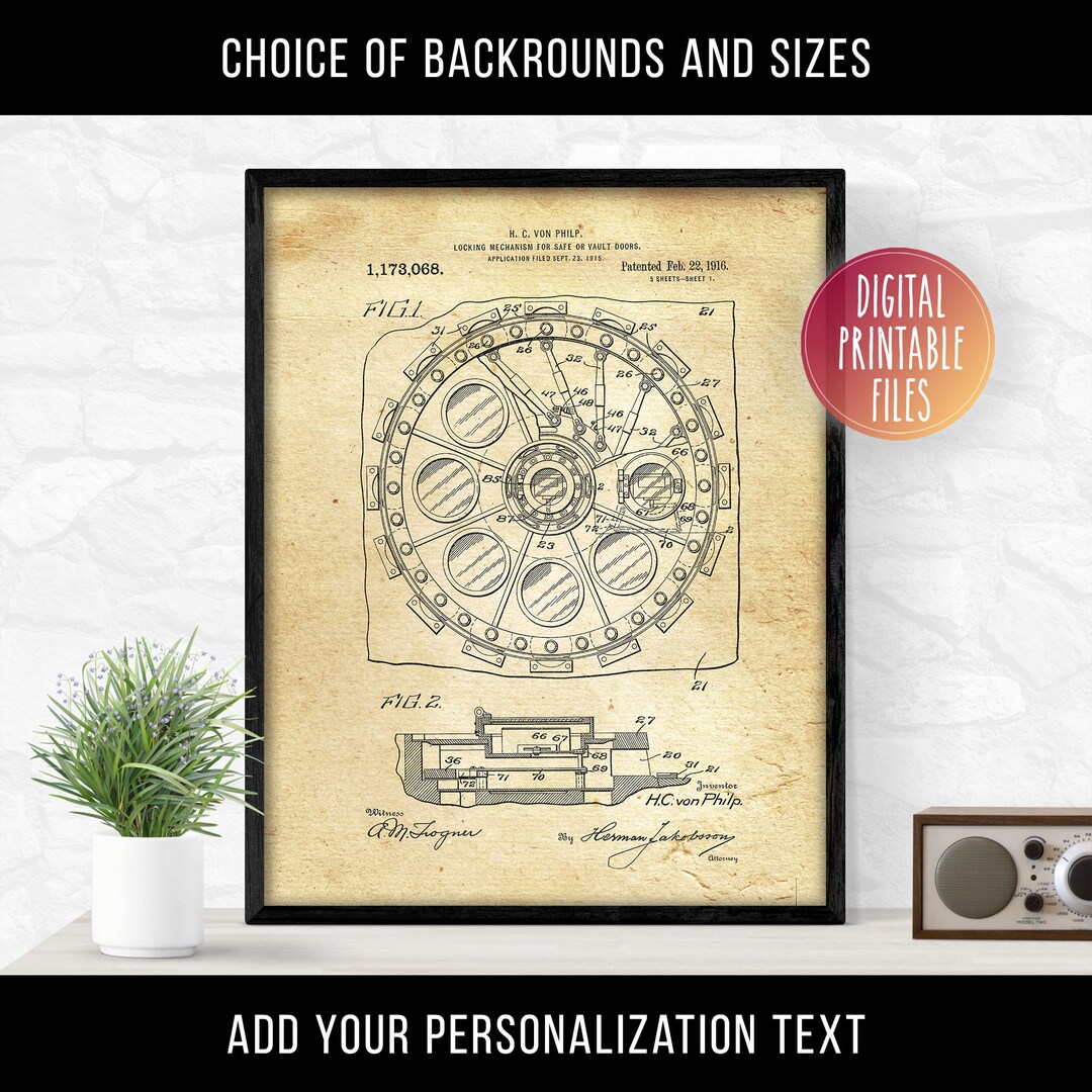 DIGITAL Vintage Bank Safe Vault Lock Patent Drawing Art, Printable ...