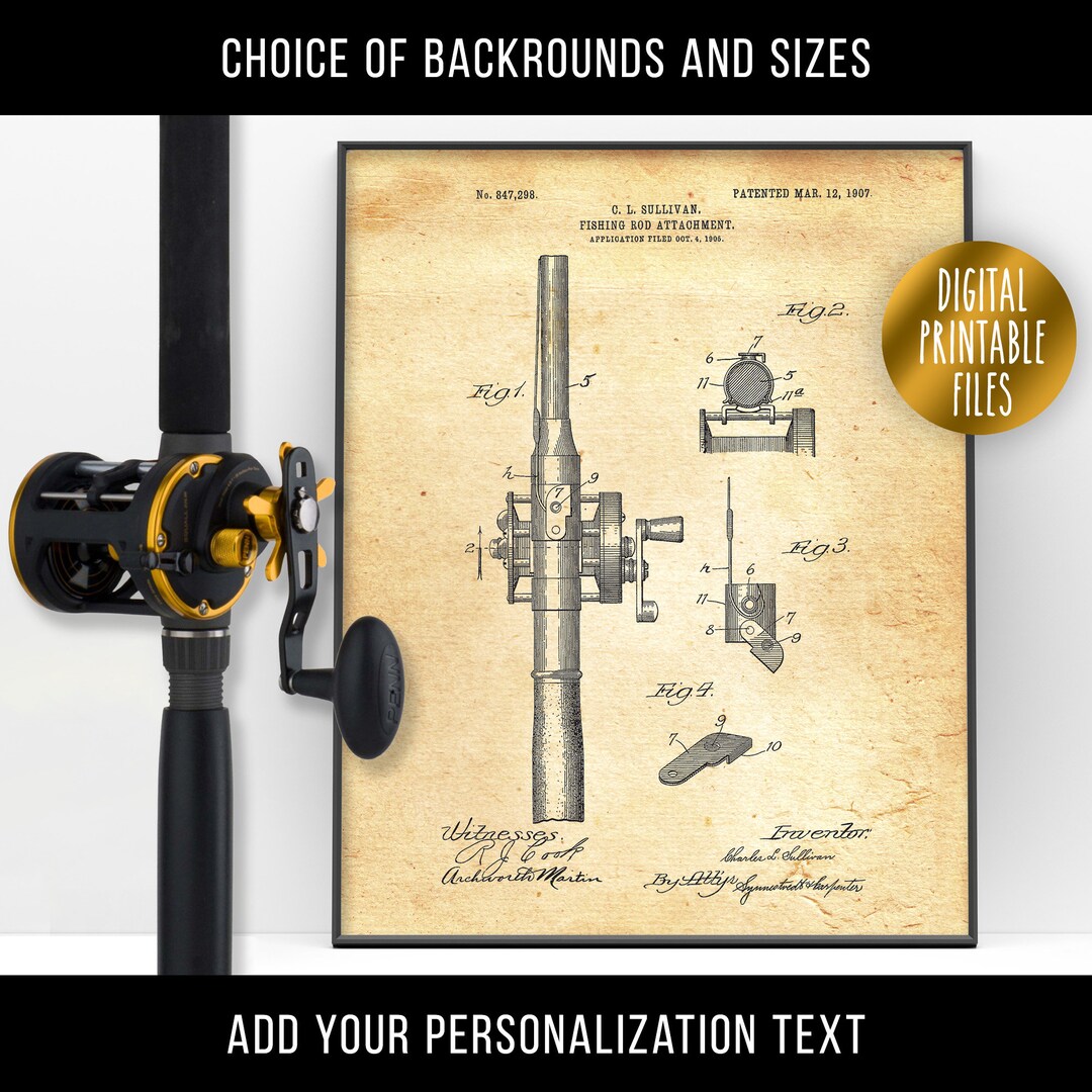 Vintage Fishing Rod Reel, Patent Drawing Poster, Digital Printable Wall ...