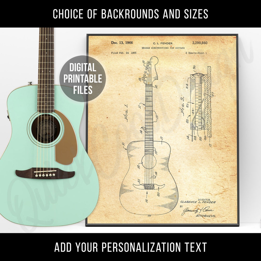Vintage Acoustic Guitar Drawing | Patent Drawing Poster | Digital ...