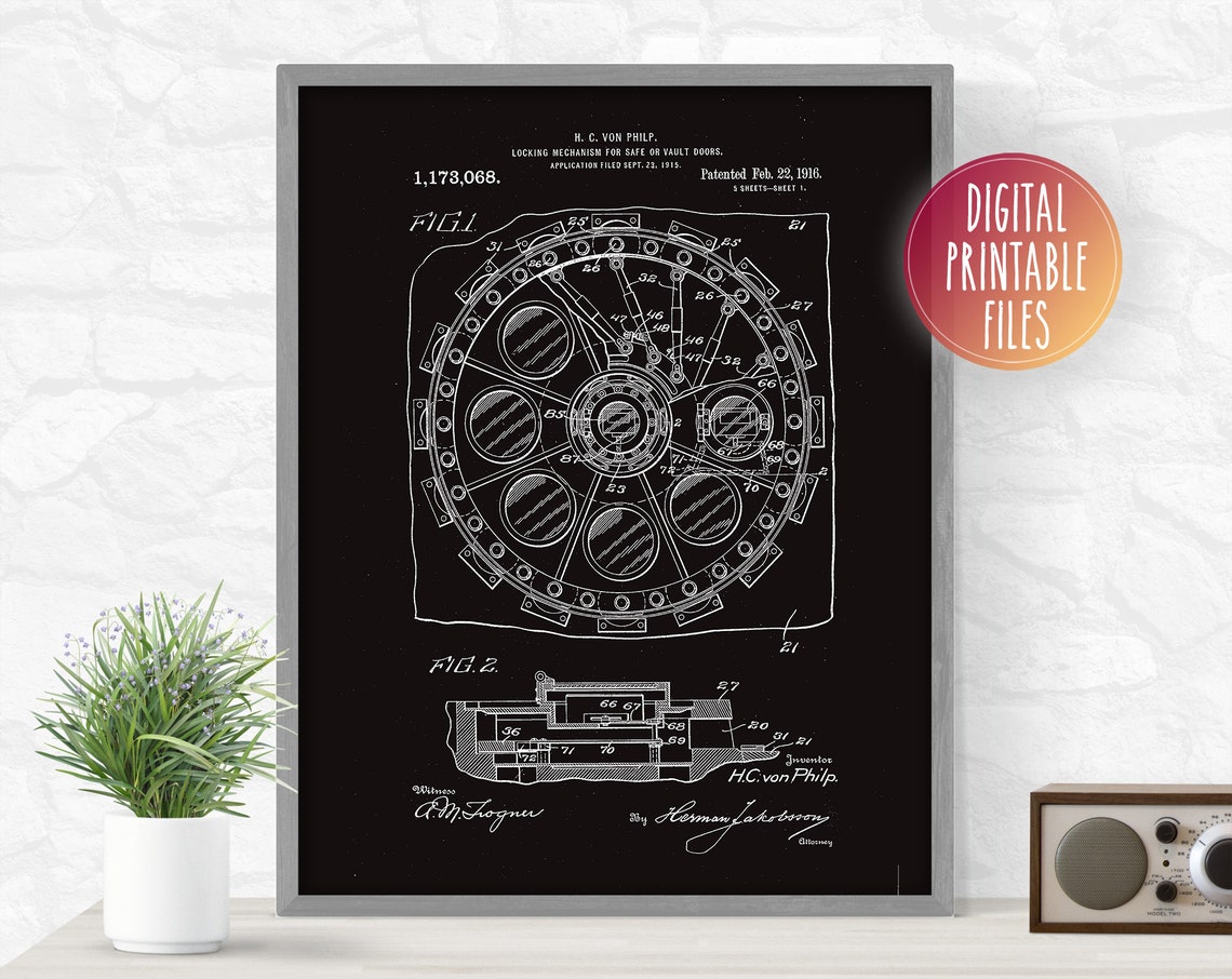 DIGITAL Vintage Bank Safe Vault Lock Patent Drawing Art - Etsy