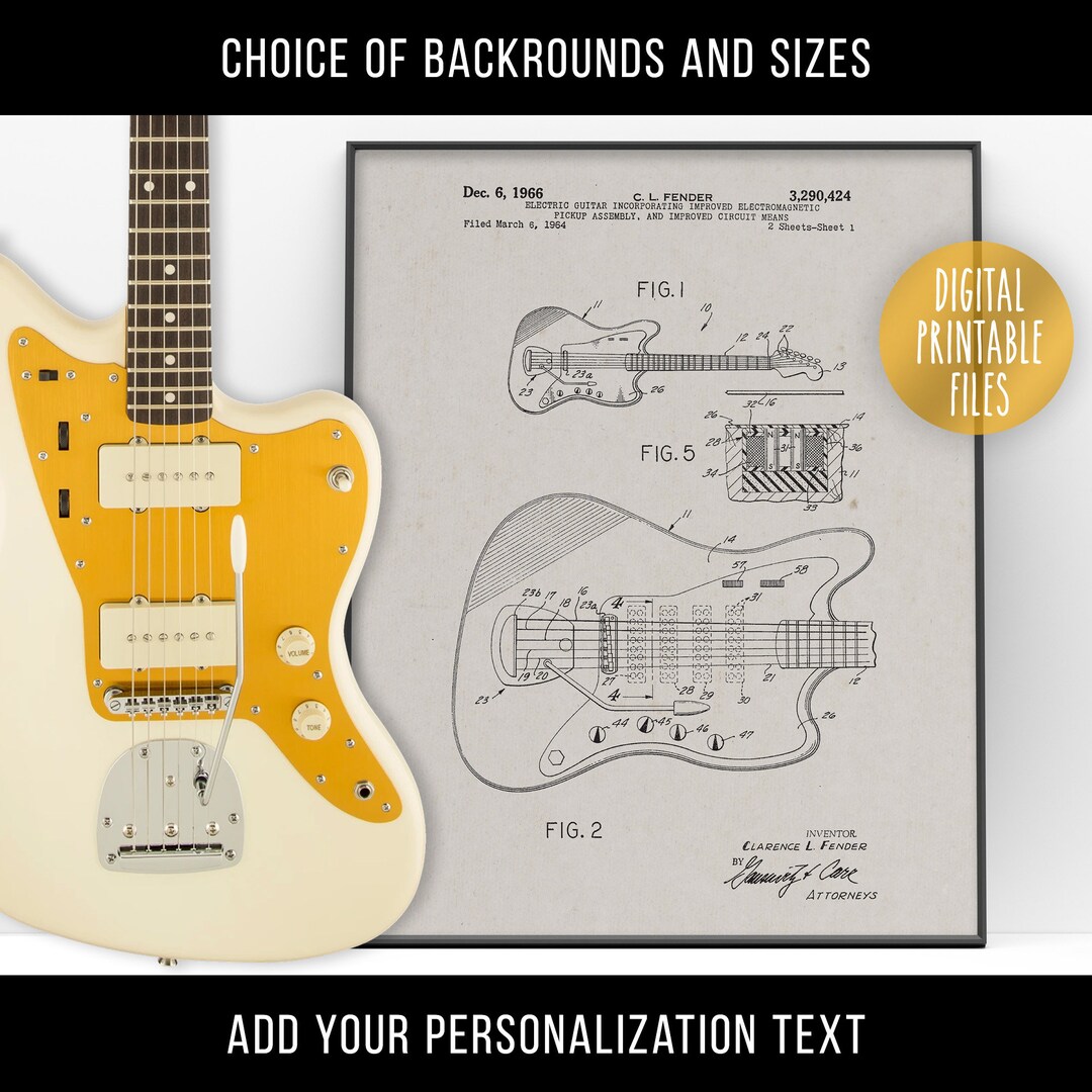 Vintage Jazzmaster Guitar Patent Drawing Art, Digital Printable Poster ...