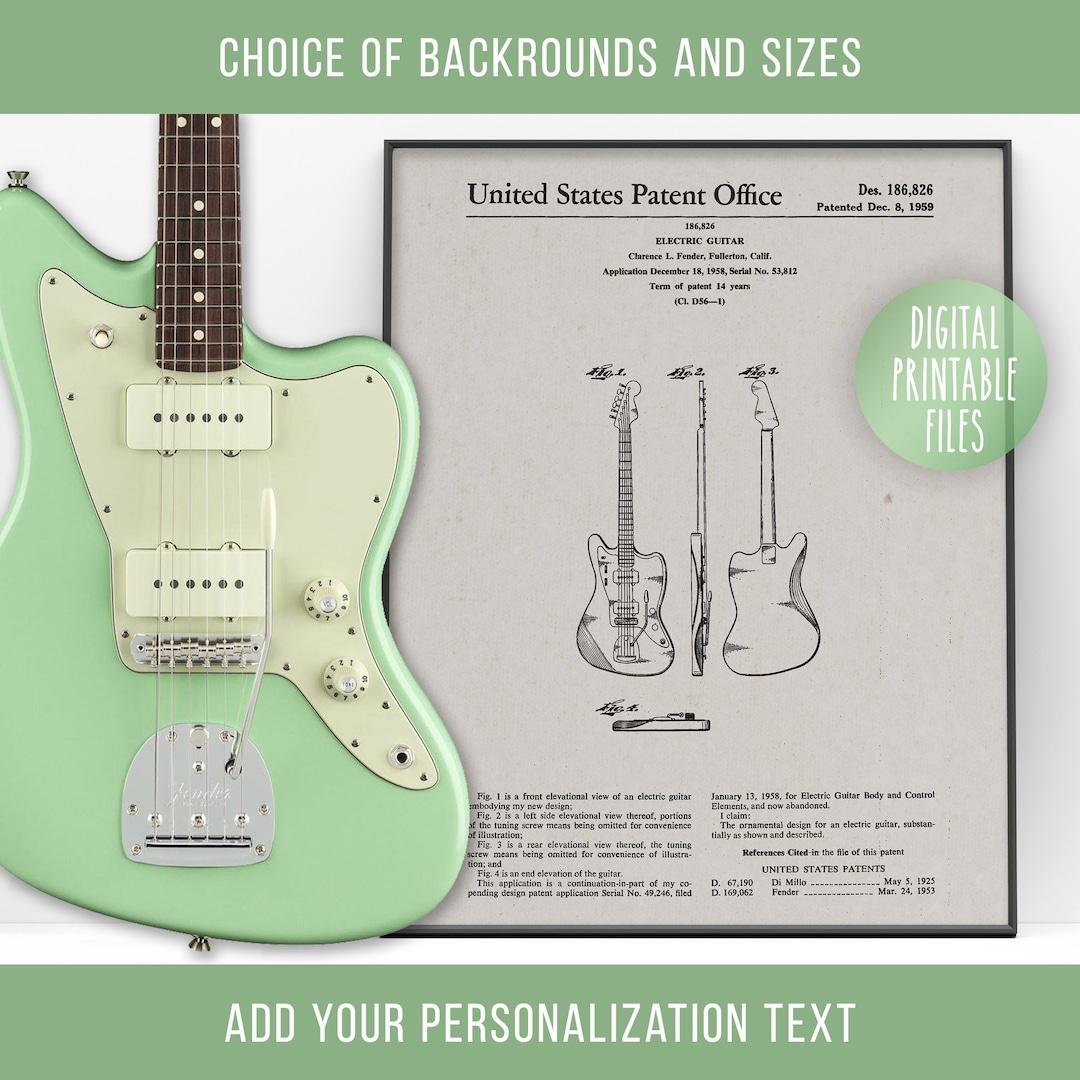 Vintage Jazzmaster Guitar Patent Drawing Art, Digital Printable Poster ...