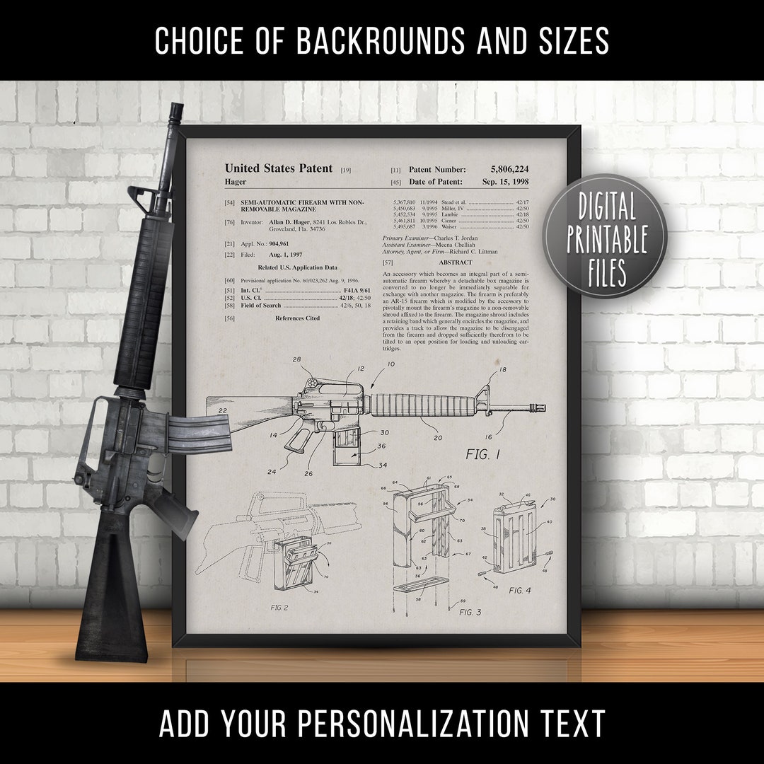 Semi-automatic Firearm Gun Patent Drawing Art, Digital Printable M16 M4 ...