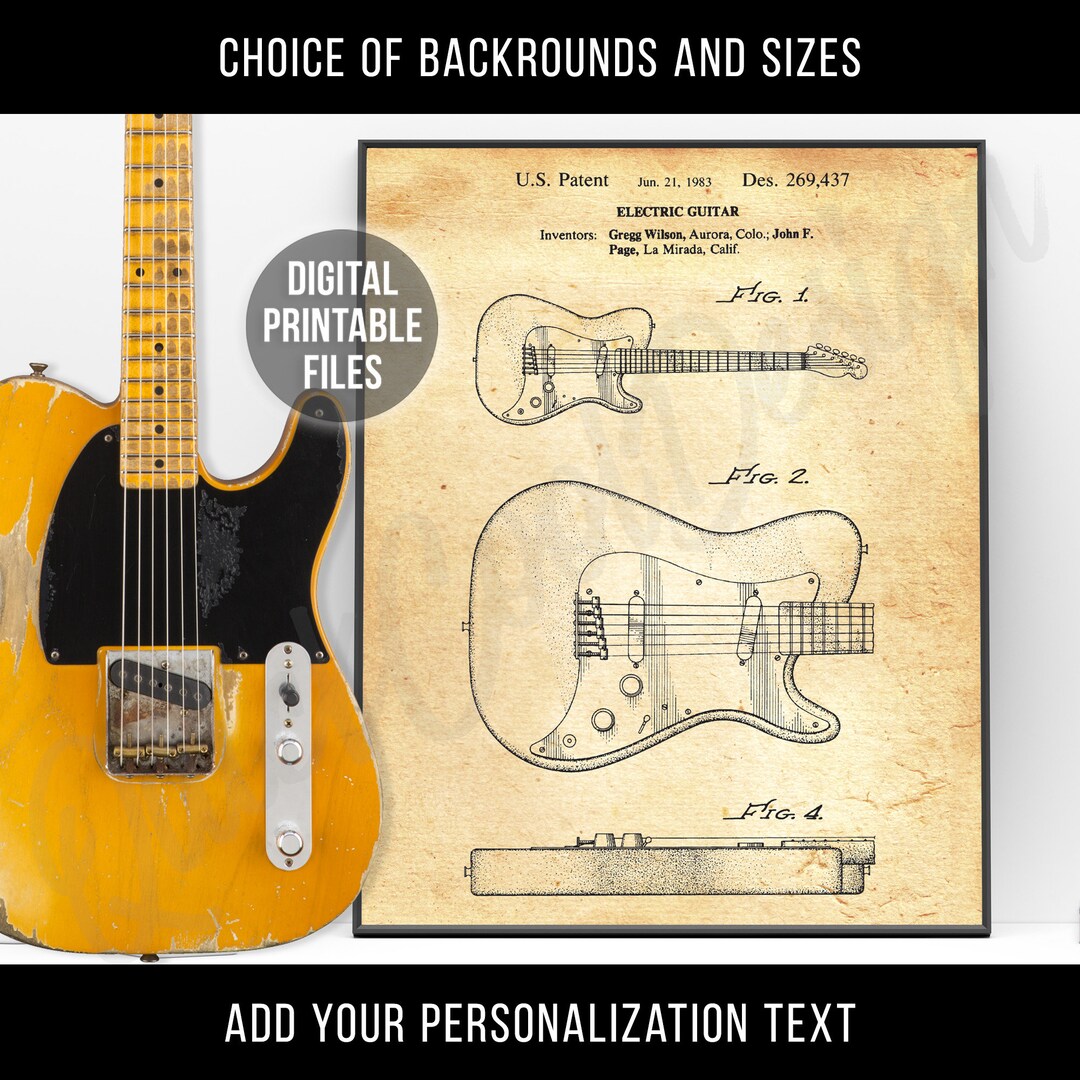 Vintage Custom Telecaster Guitar Patent Drawing Poster, Digital ...