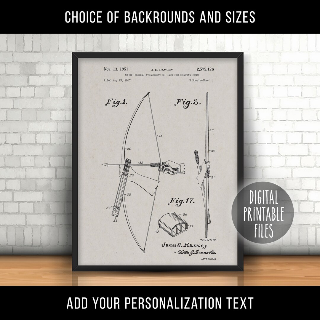 Vintage Hunting Bow and Arrow Patent Drawing Art, Digital Printable ...