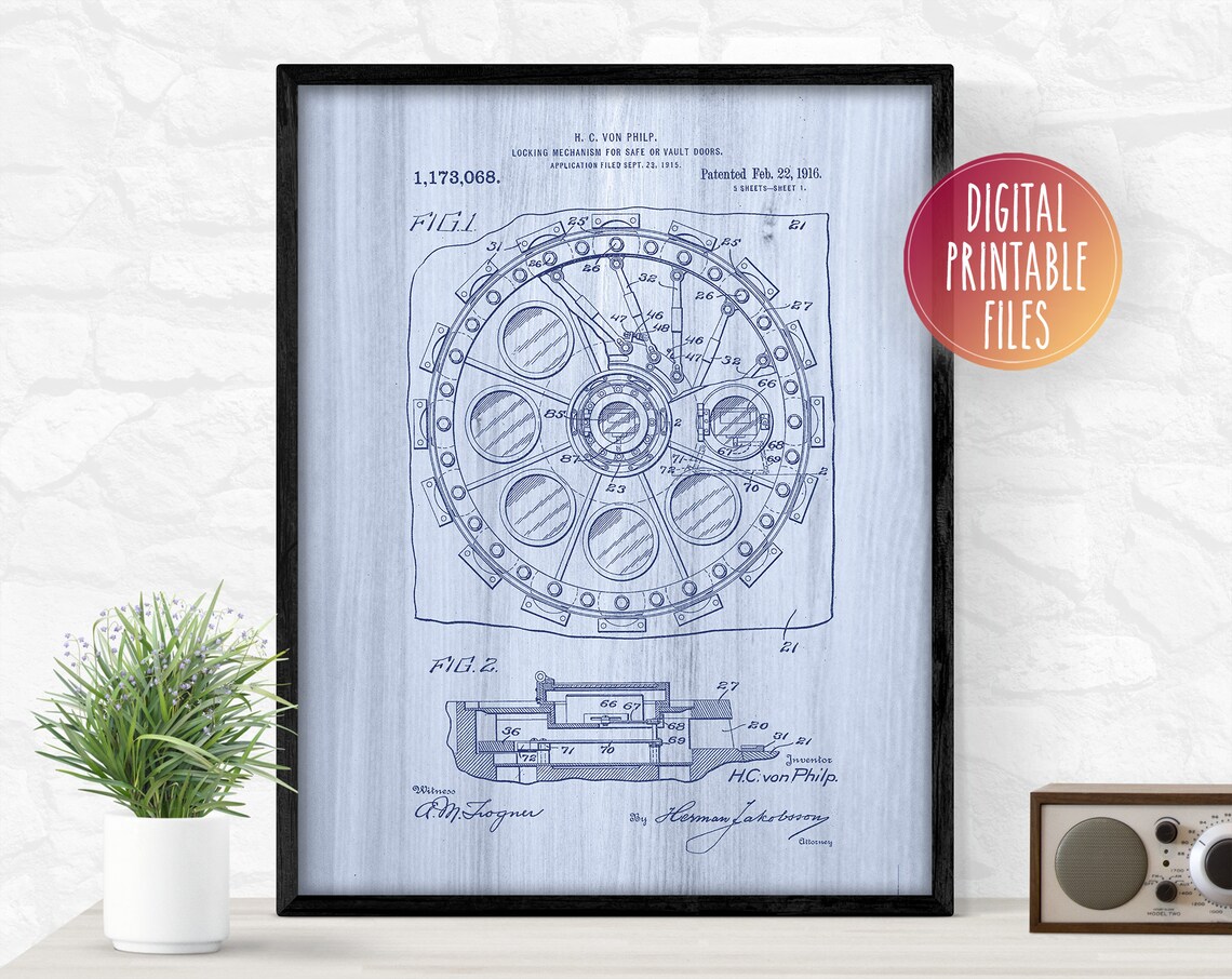 DIGITAL Vintage Bank Safe Vault Lock Patent Drawing Art - Etsy
