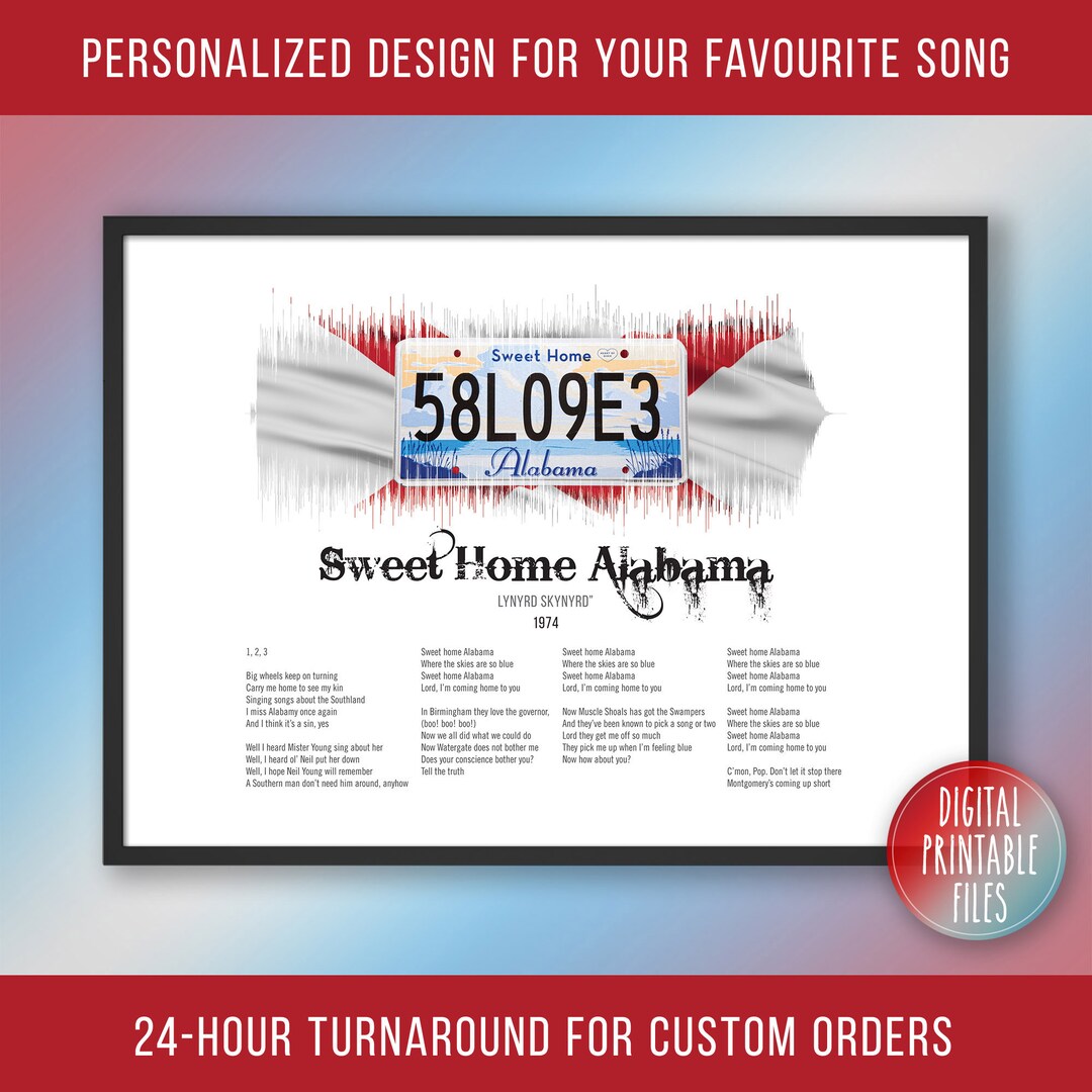 Sweet Home Alabama, Custom Sound Wave and Lyrics Art, Printable Digital ...