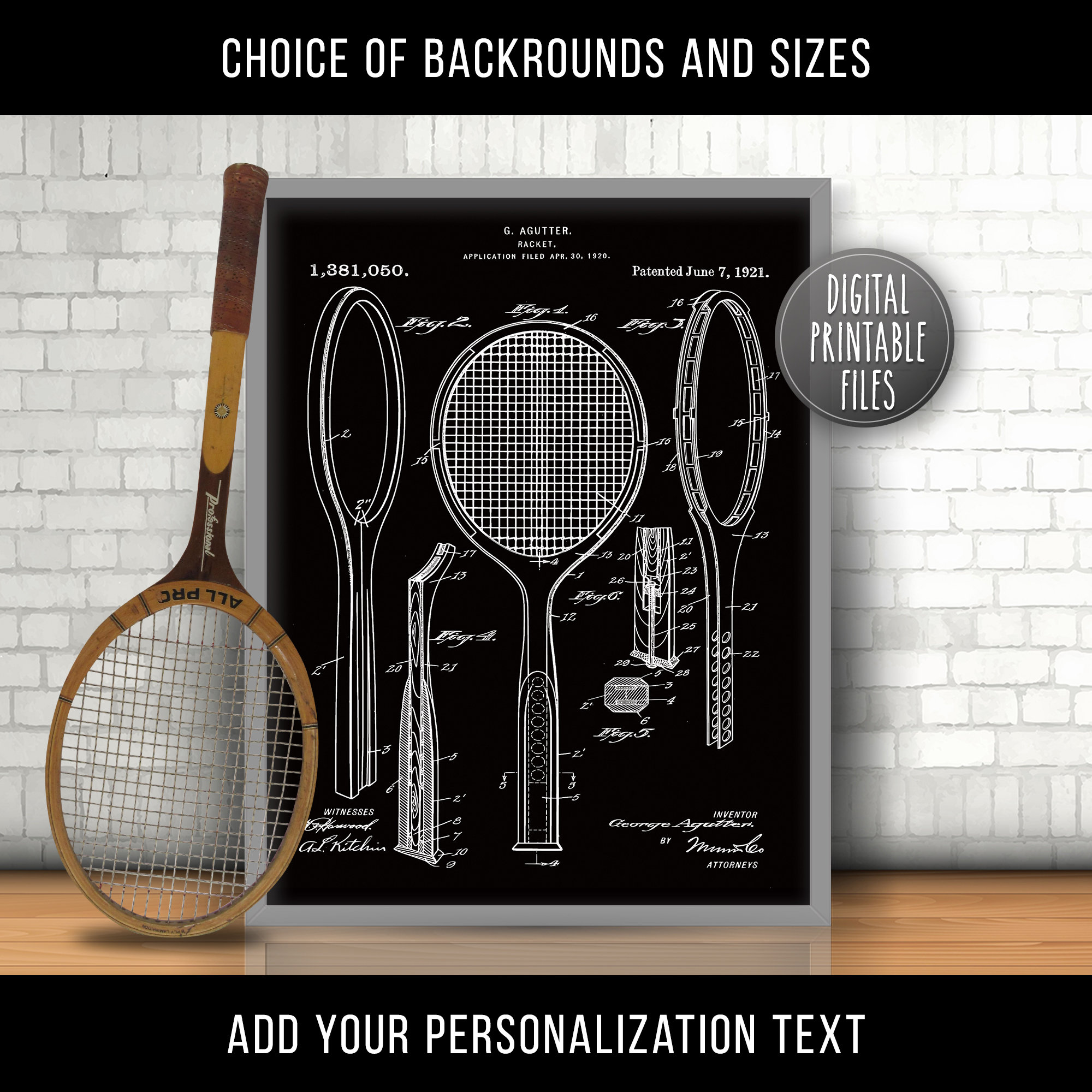Tennis Racket Vintage Patent Drawing Poster, Digital Printable Instant ...