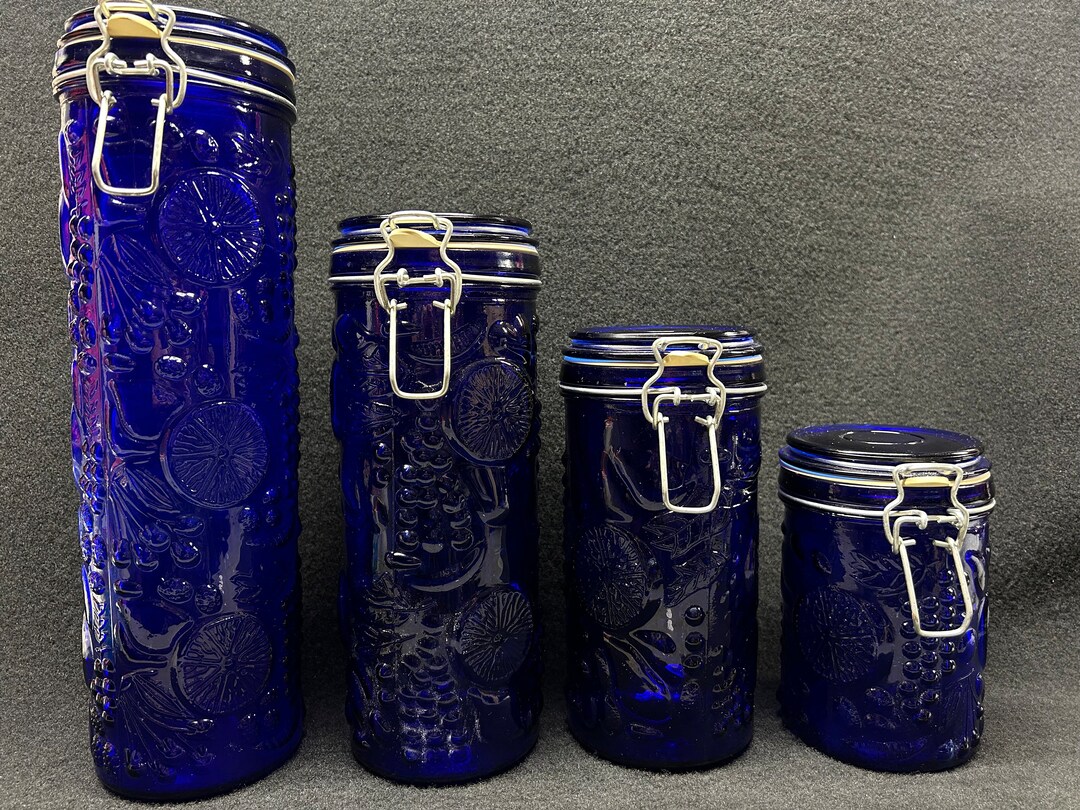 Set Of Cobalt Blue Glass Canisters W Embossed Fruit Etsy
