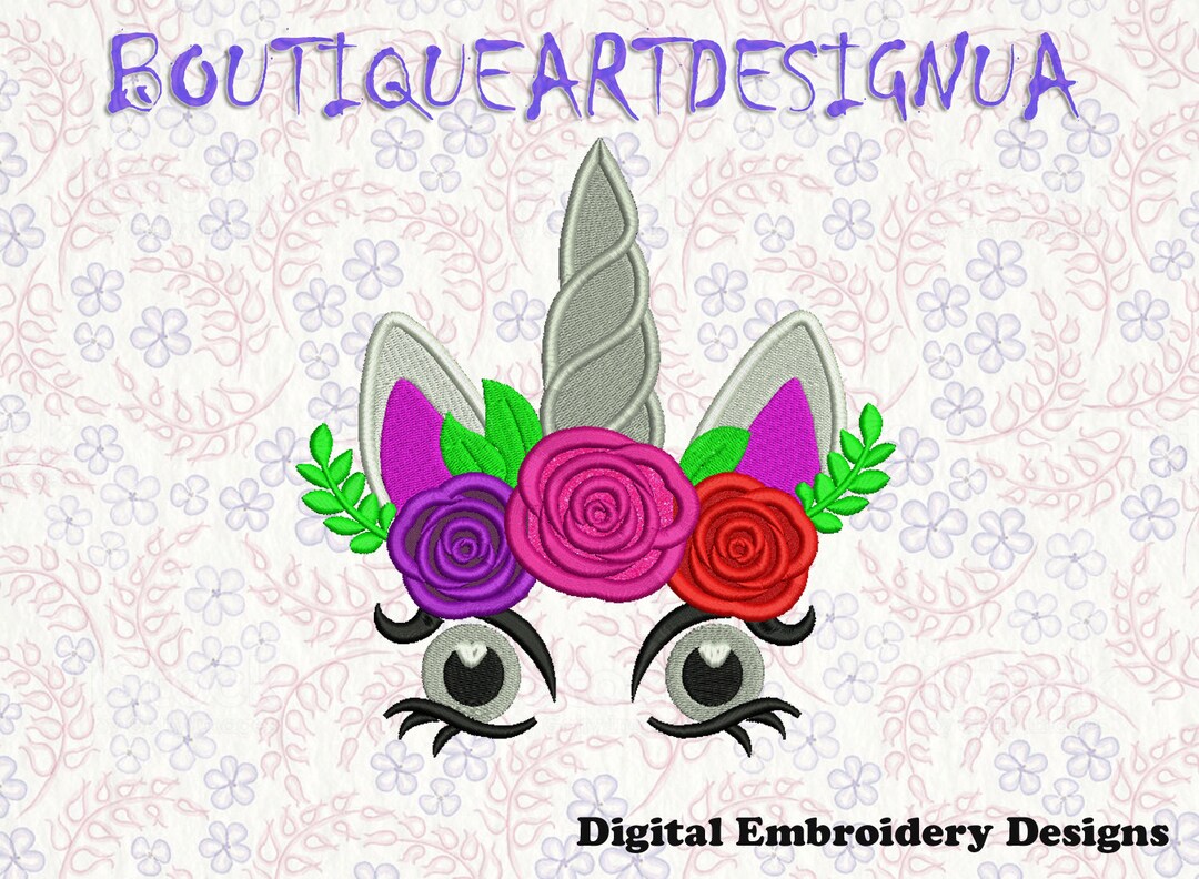 Unicorn Face With Flowers Machine Embroidery Designs, Unicorn Applique ...