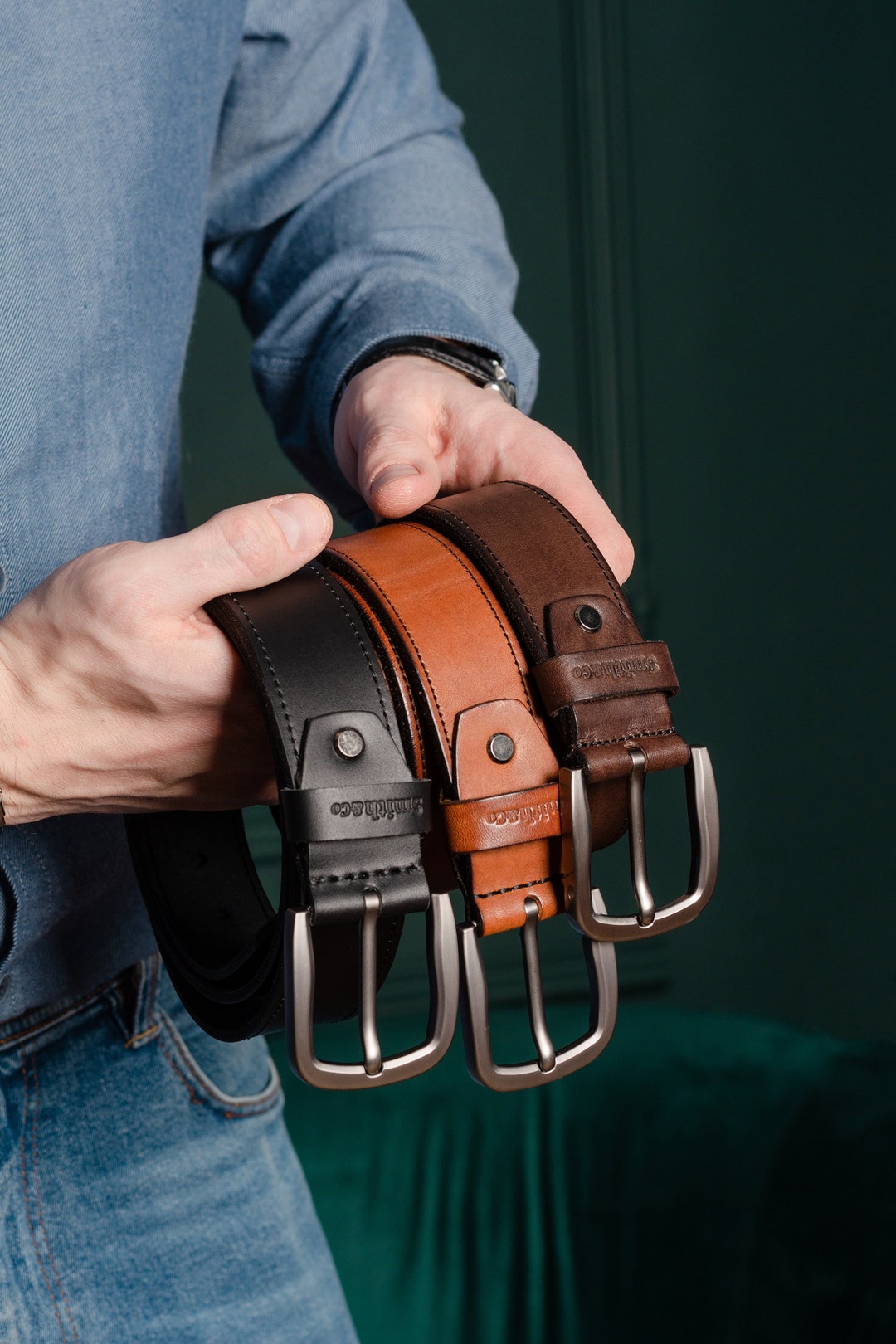 Full-grain Leather Belt Set: Black, Brown, Dark Brown Stitched Mens ...