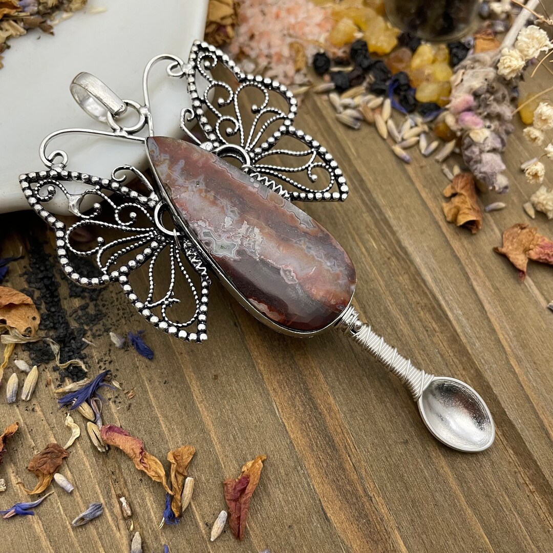 Laguna Lace Agate Butterfly Stone Wire Wrap Pendant Necklace Tea Spices ...