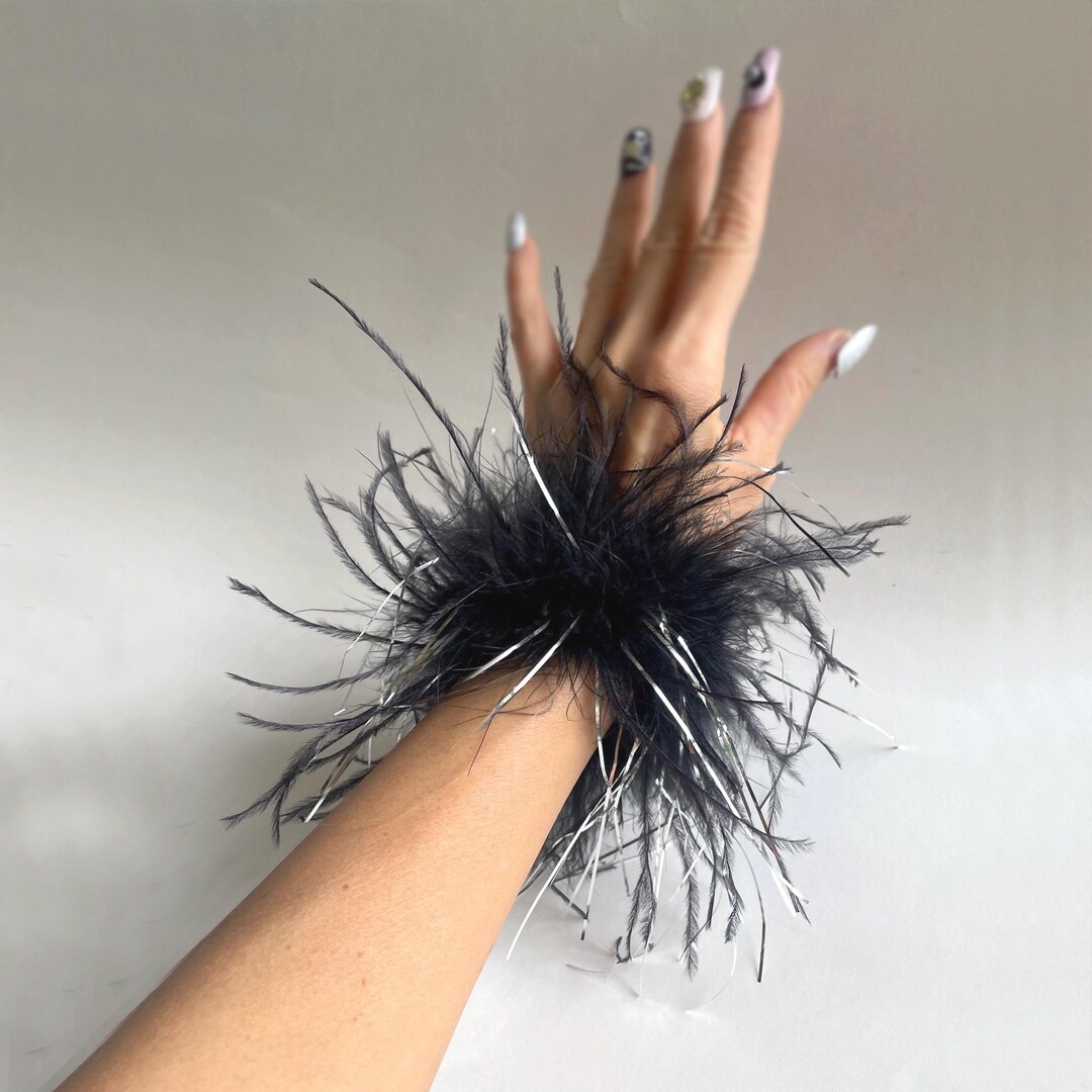 Black Glitter Feather Cuffs: Glam Party Wristlets, Halloween New Year ...