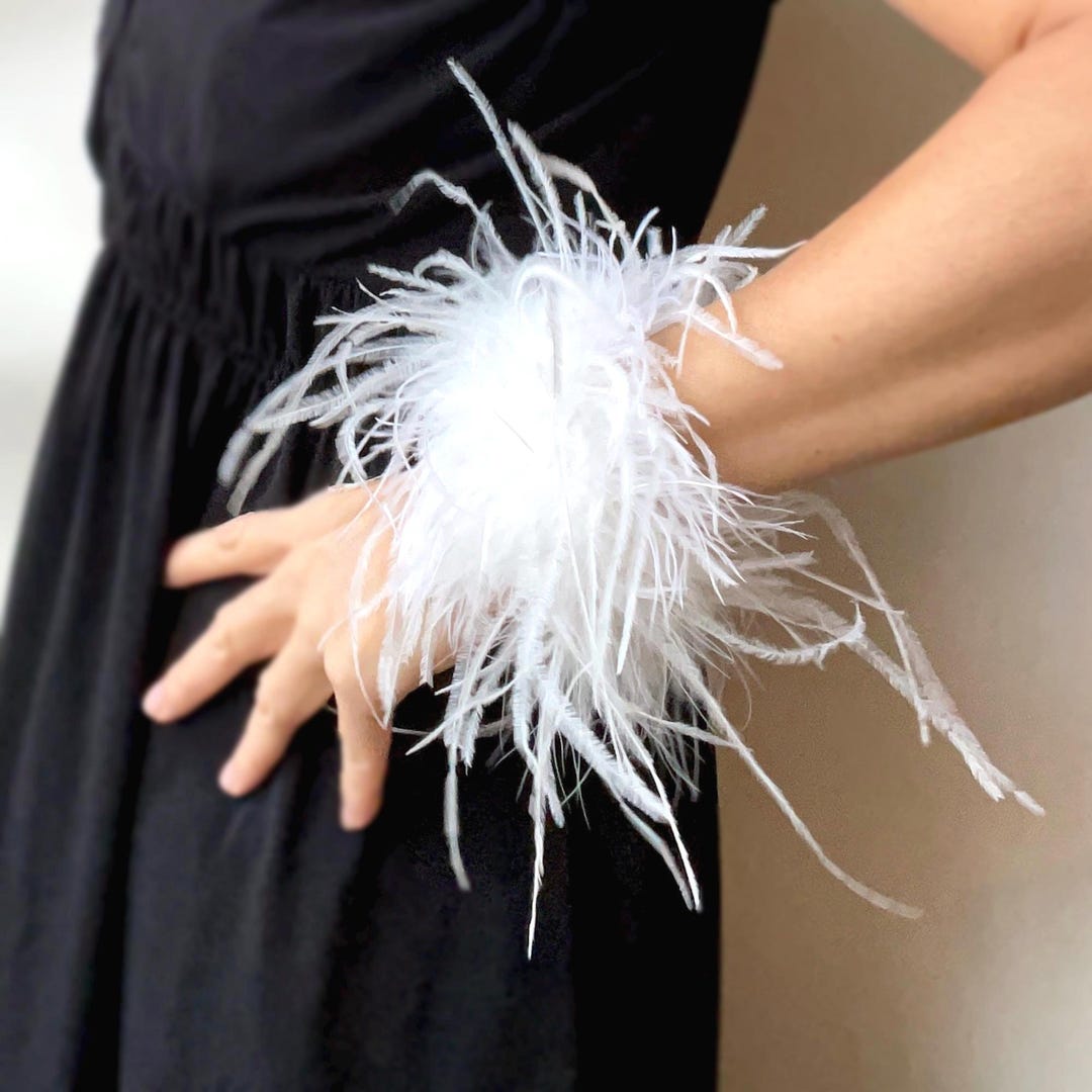 Luxury White Ostrich Feather Bracelet, Wedding Feather Wrist Cuffs ...