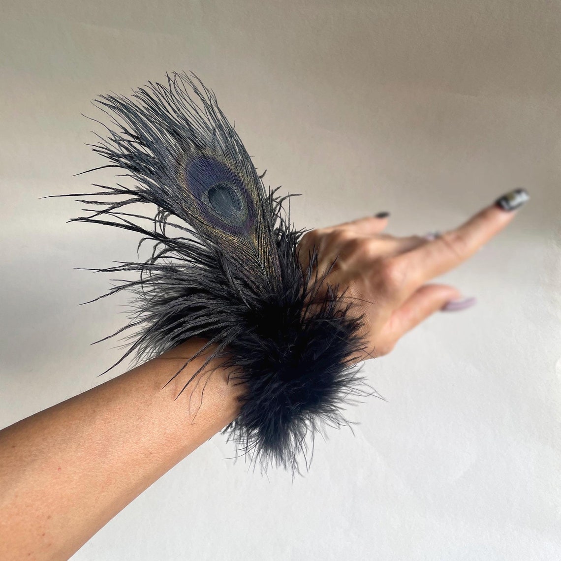 Black Ostrich Peacock Feather Cuffs, Feather Wrist Slap Band, Removable ...