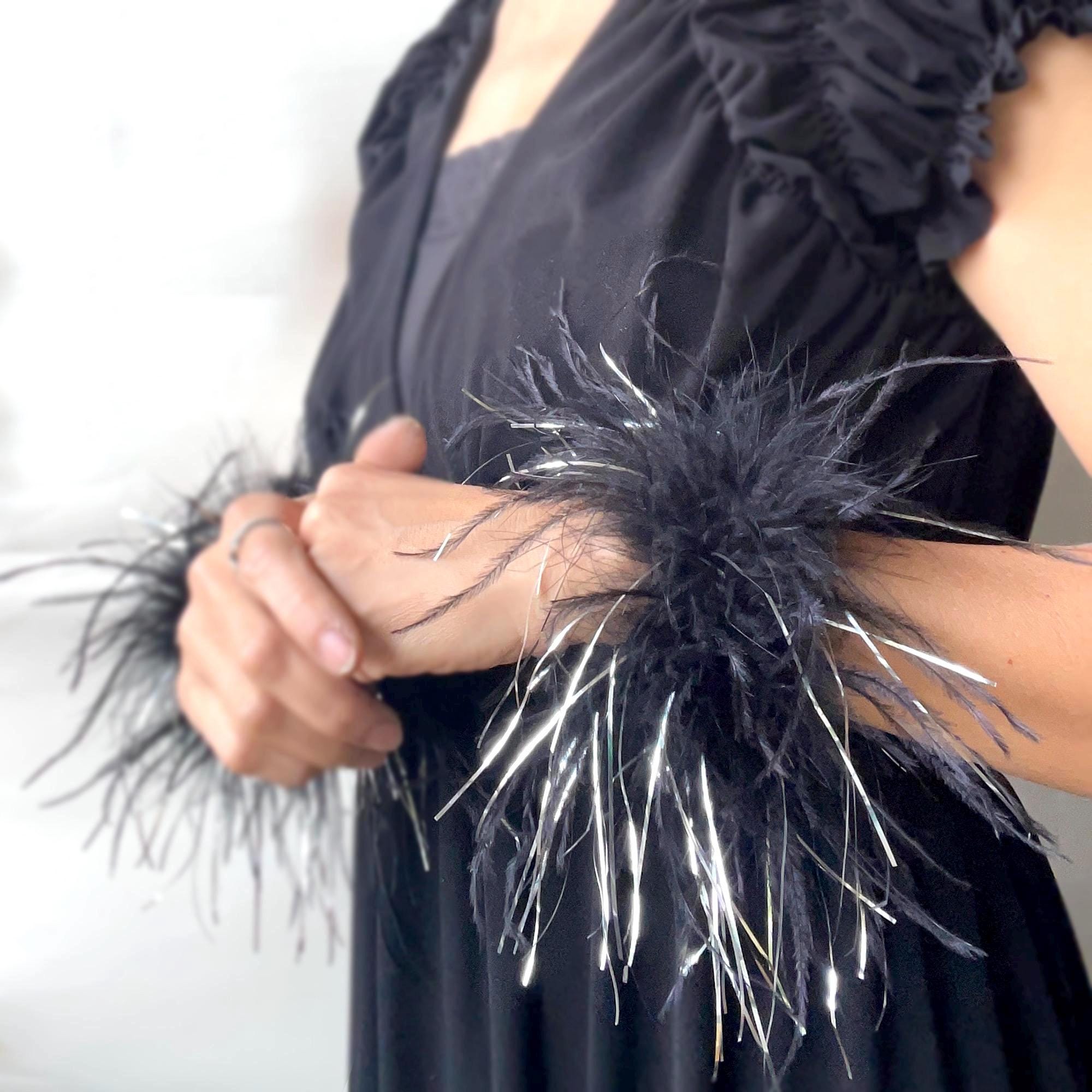 Black Glitter Feather Cuffs: Glam Party Wristlets, Halloween New Year ...