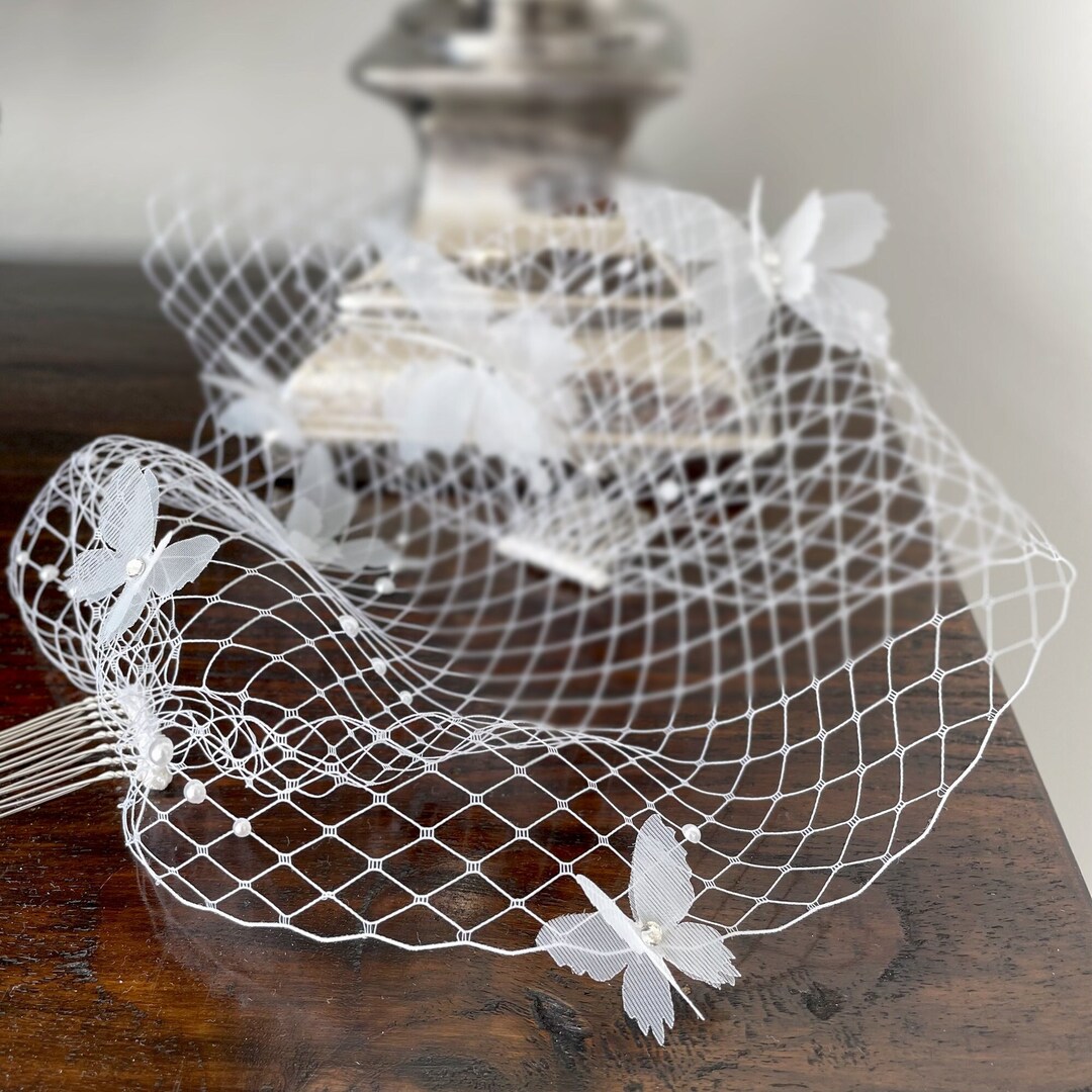 White Butterfly Birdcage Veil, Bridal Bandeau Veil, Wedding Veil, Bird ...