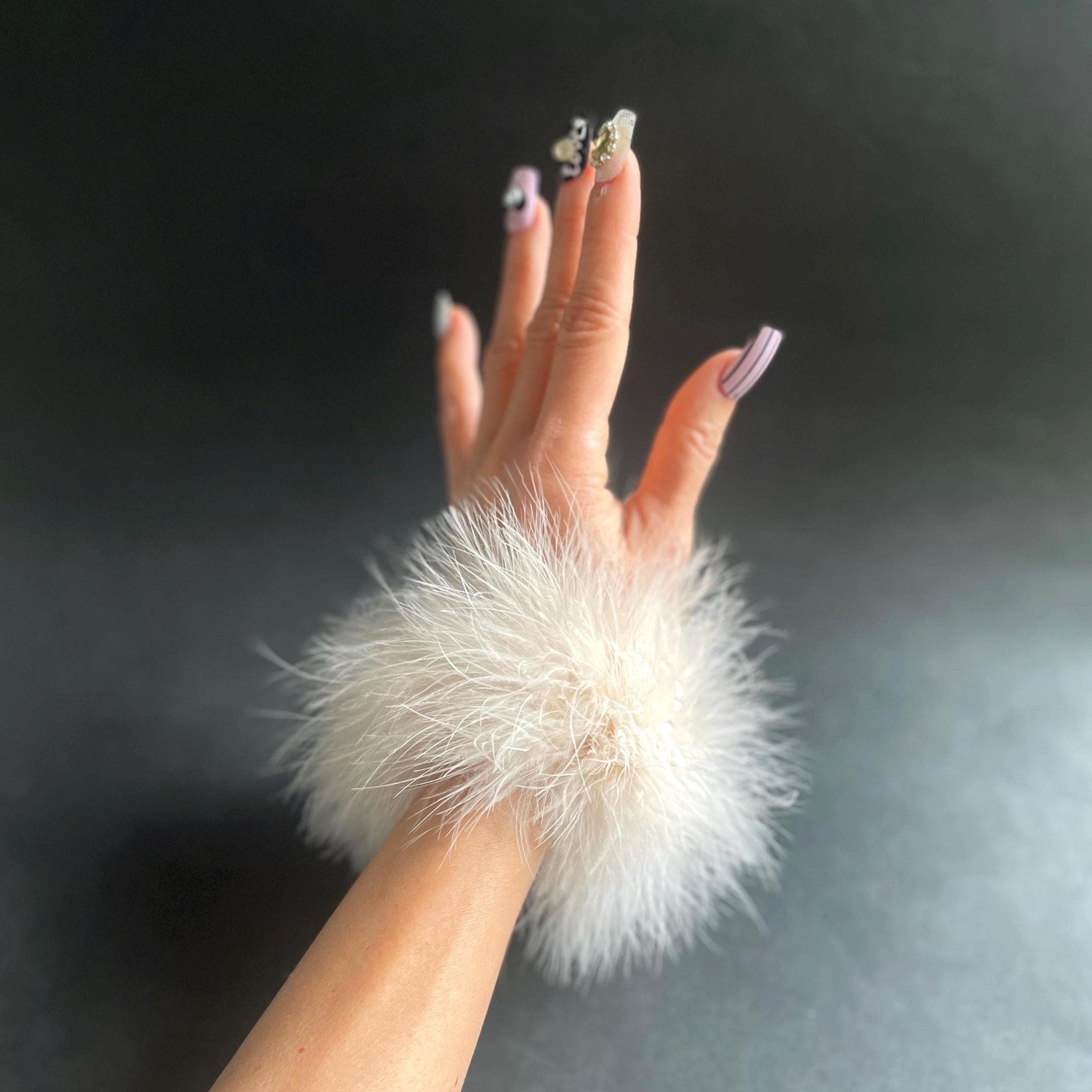 Beige Marabou Feather Wrist Cuffs: Fluffy Fur Bracelet, Glamour Party ...