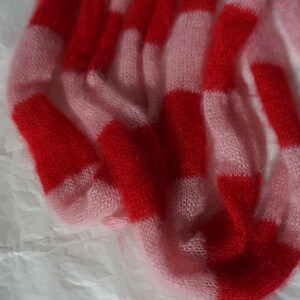 Skinny Fluffy Striped Mohair Silk Scarf - Red and Pale Pink - Thin and ...