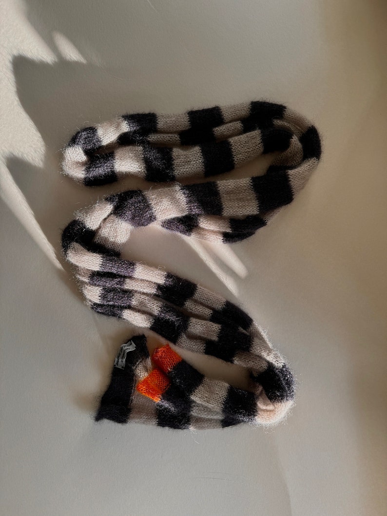 Skinny Fluffy Mohair Silk Scarf - Thin and Long - Black Beige Stripes ...
