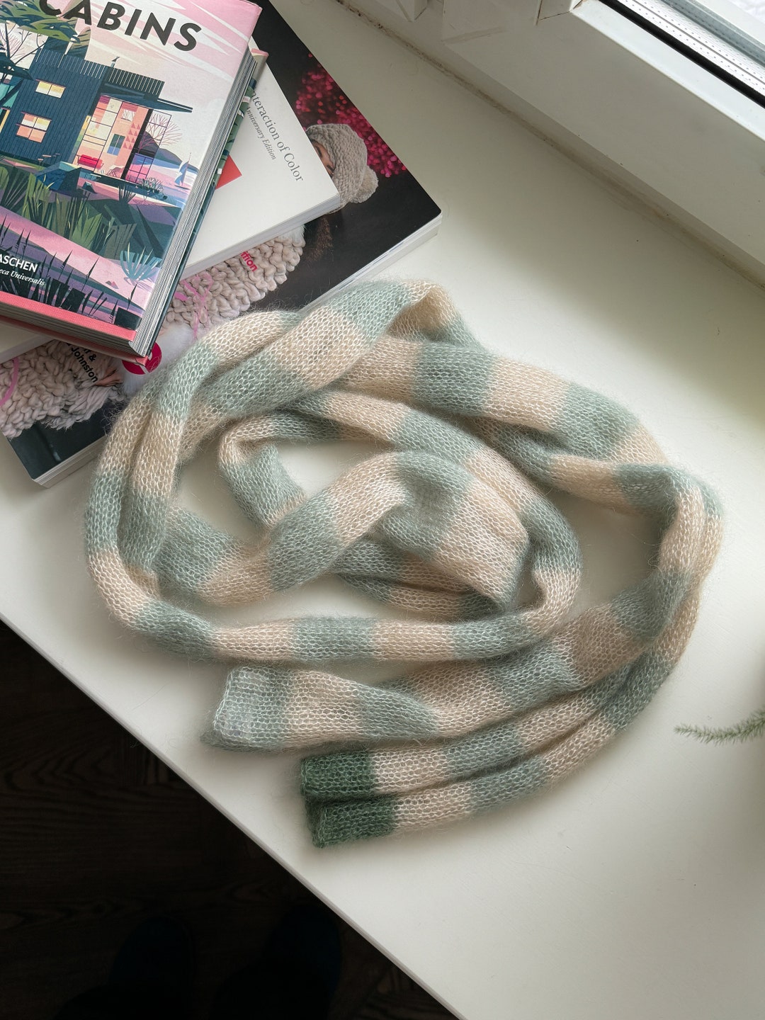 Skinny Fluffy Mohair Silk Scarf - Thin and Long - Sand and Sage Stripes ...