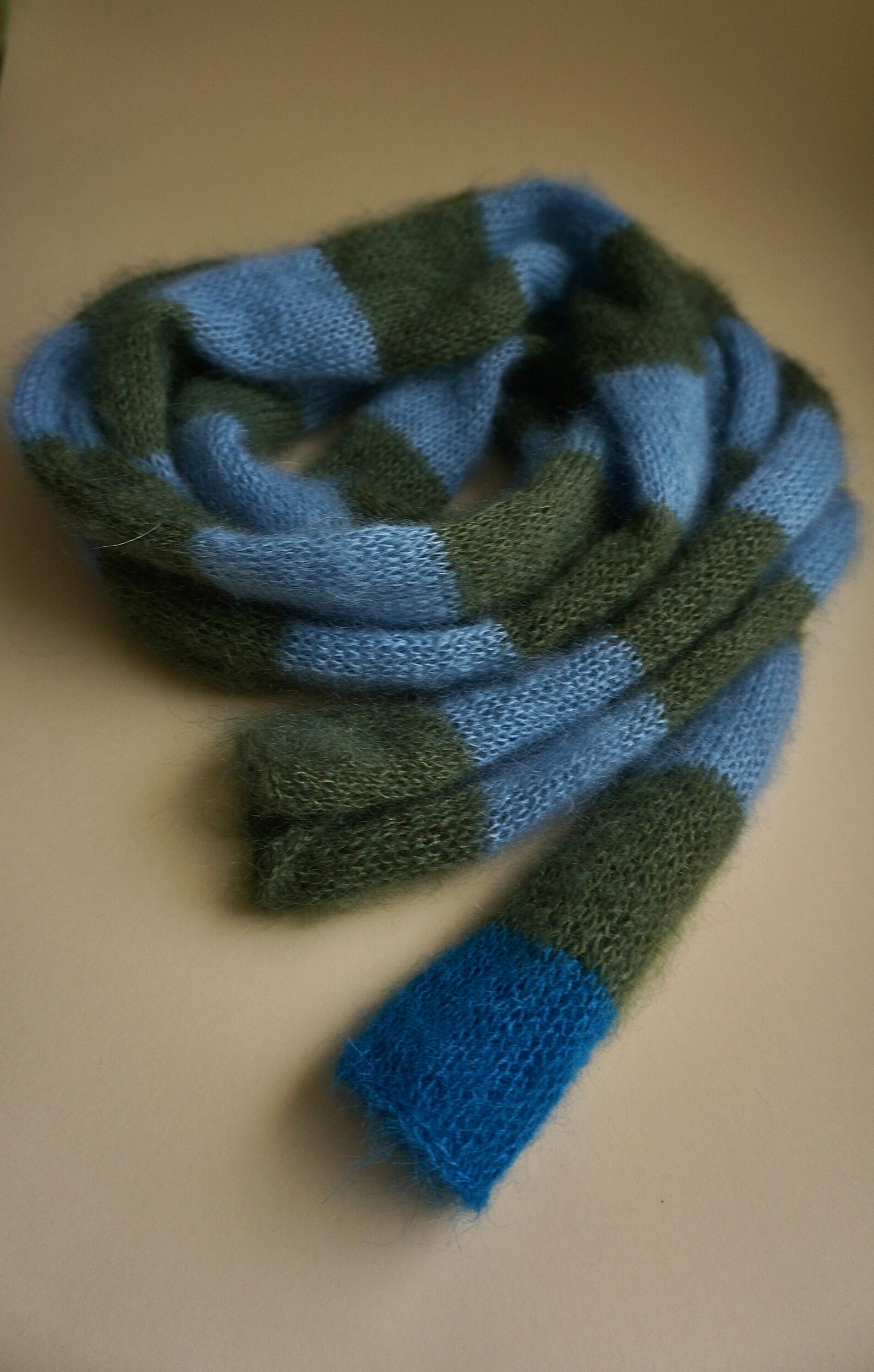 Skinny Fluffy Mohair Silk Scarf - Thin and Long - Green and Blue ...