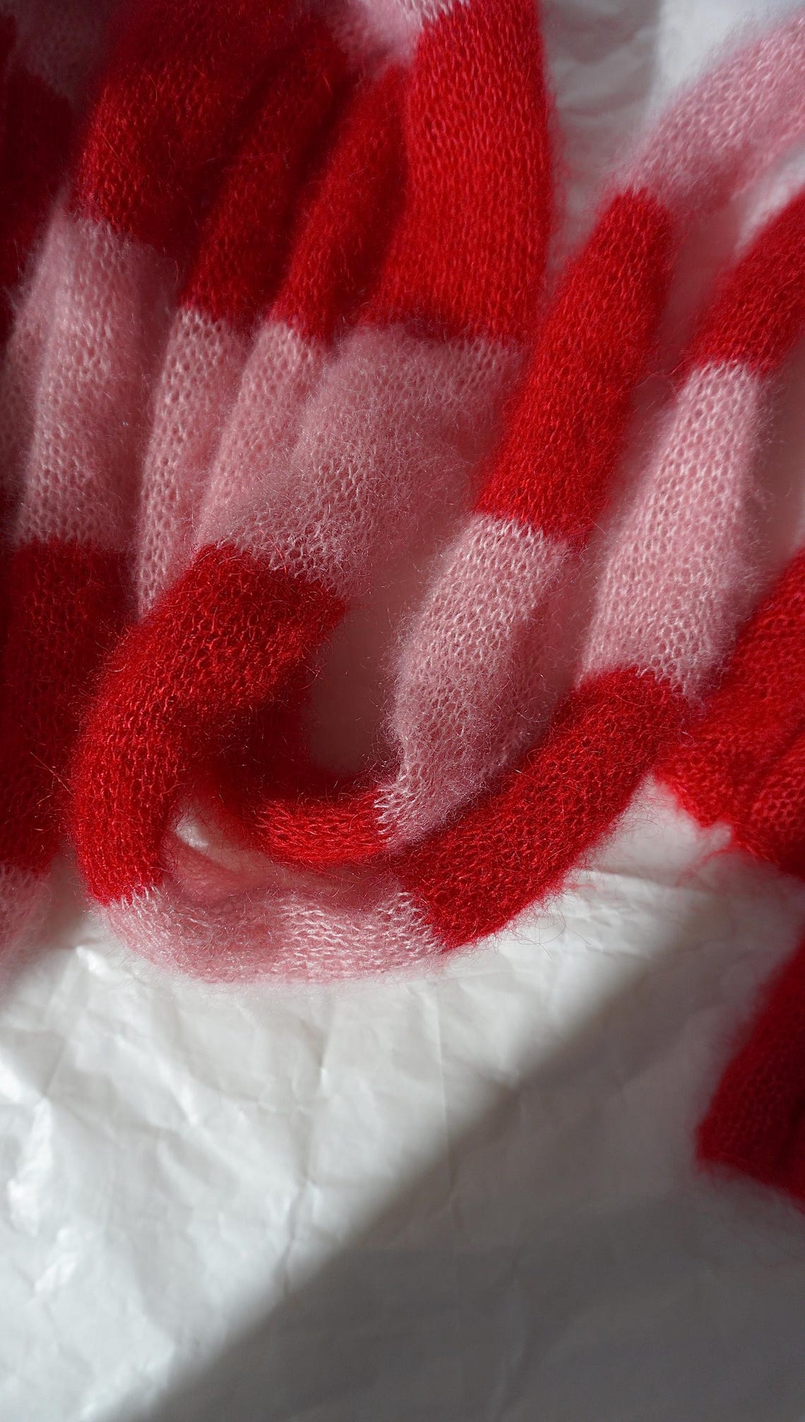 Skinny Fluffy Striped Mohair Silk Scarf - Red and Pale Pink - Thin and ...