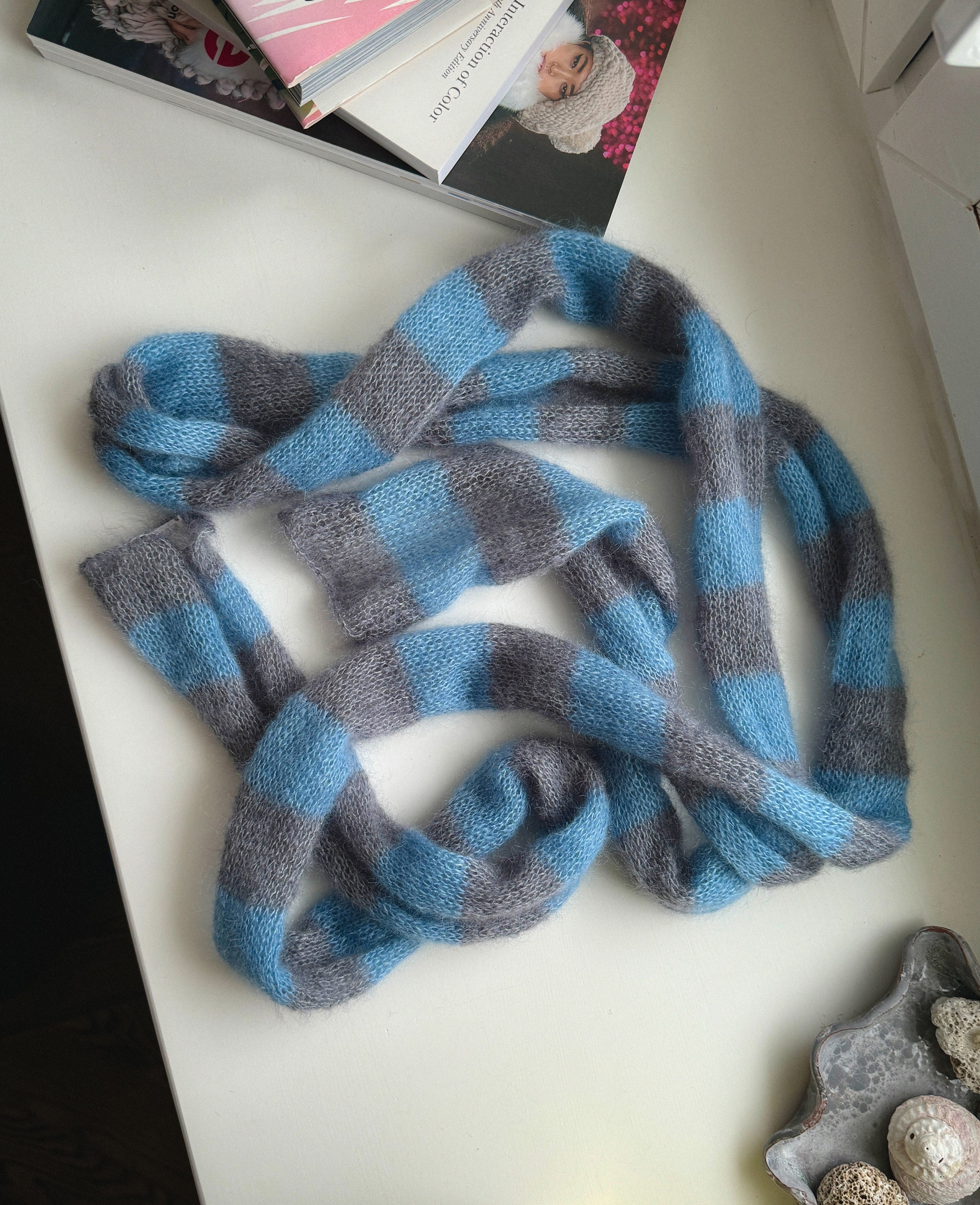 Skinny Fluffy Mohair Silk Scarf - Thin and Long - Grey and Light Blue ...