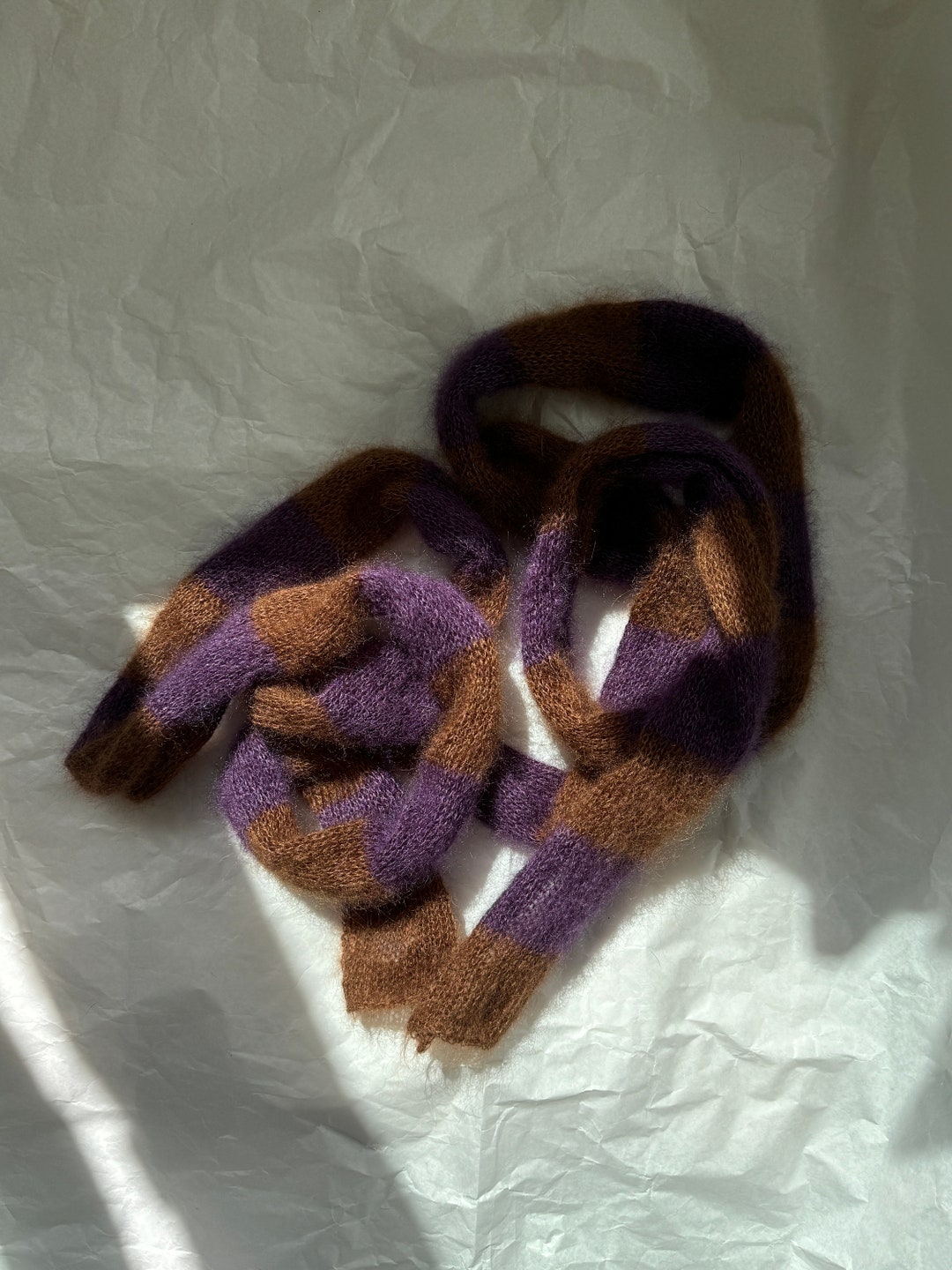 Skinny Fluffy Mohair Silk Scarf - Thin and Long - Purple and Brown ...