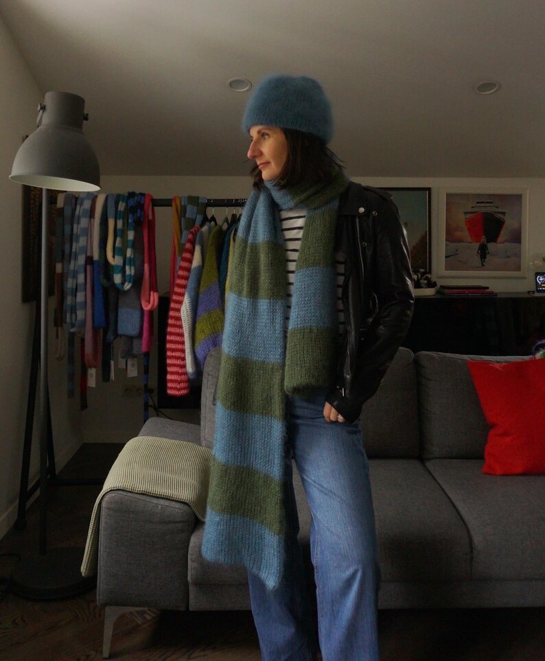 Big Long Mohair Silk Scarf - Blue Green Colour Stripes - Knitted Bulky ...