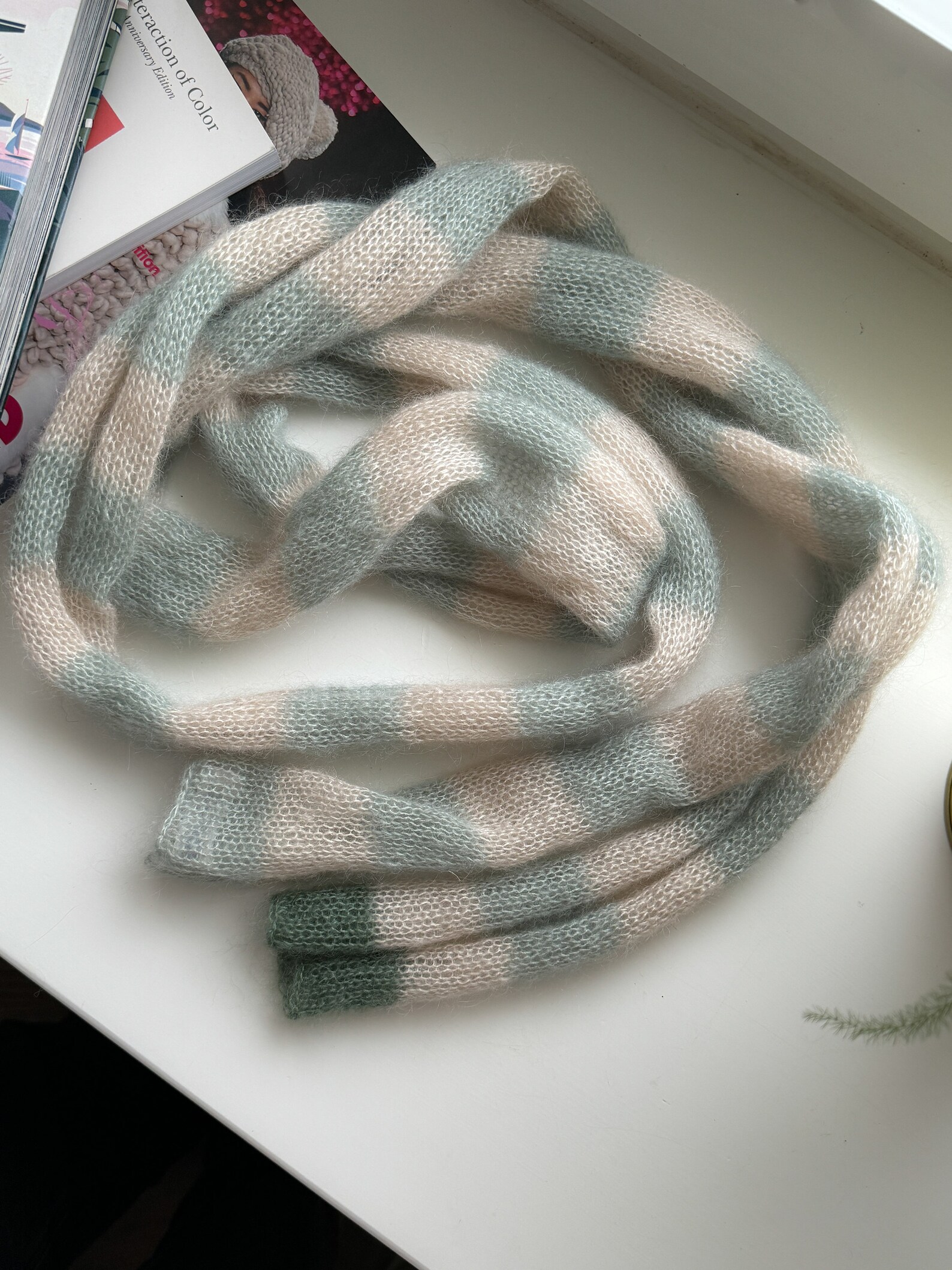 Skinny Fluffy Mohair Silk Scarf - Thin and Long - Sand and Sage Stripes ...