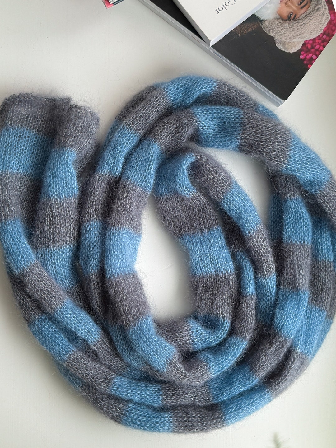 Skinny Fluffy Mohair Silk Scarf Thin and Long Grey and Light Blue ...